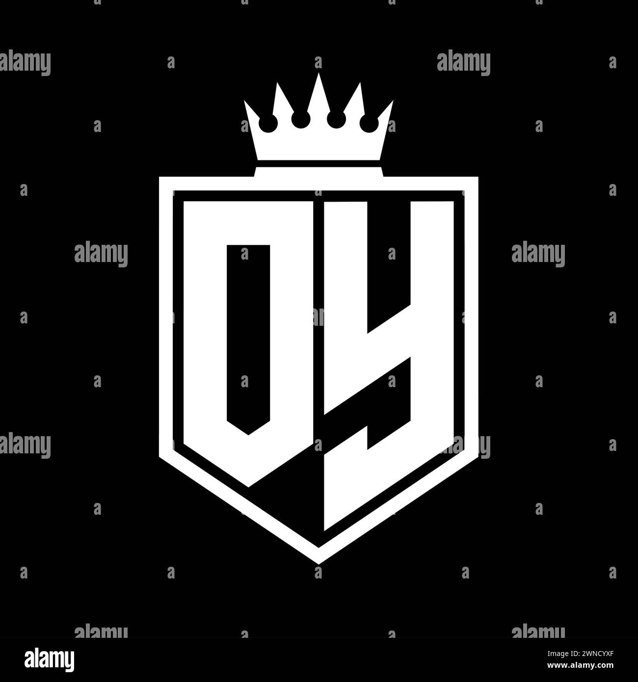OY Letter Logo monogram bold shield geometric shape with crown outline black and white style ...