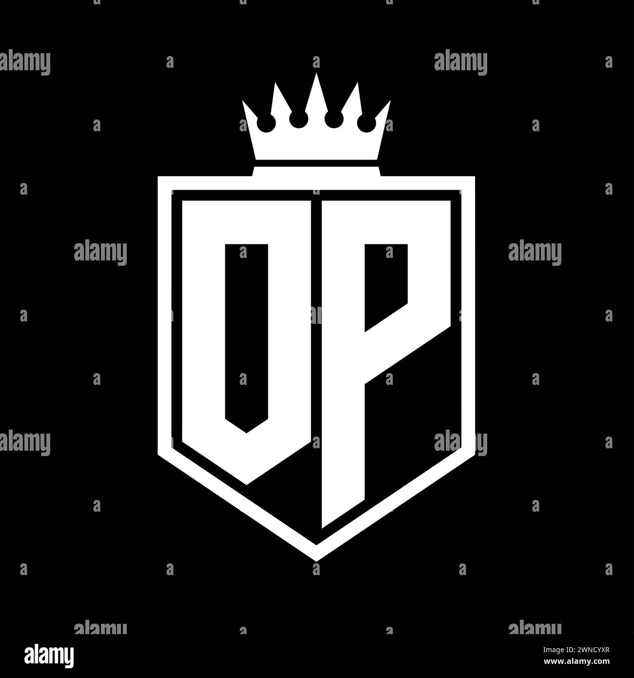 OP Letter Logo monogram bold shield geometric shape with crown outline ...