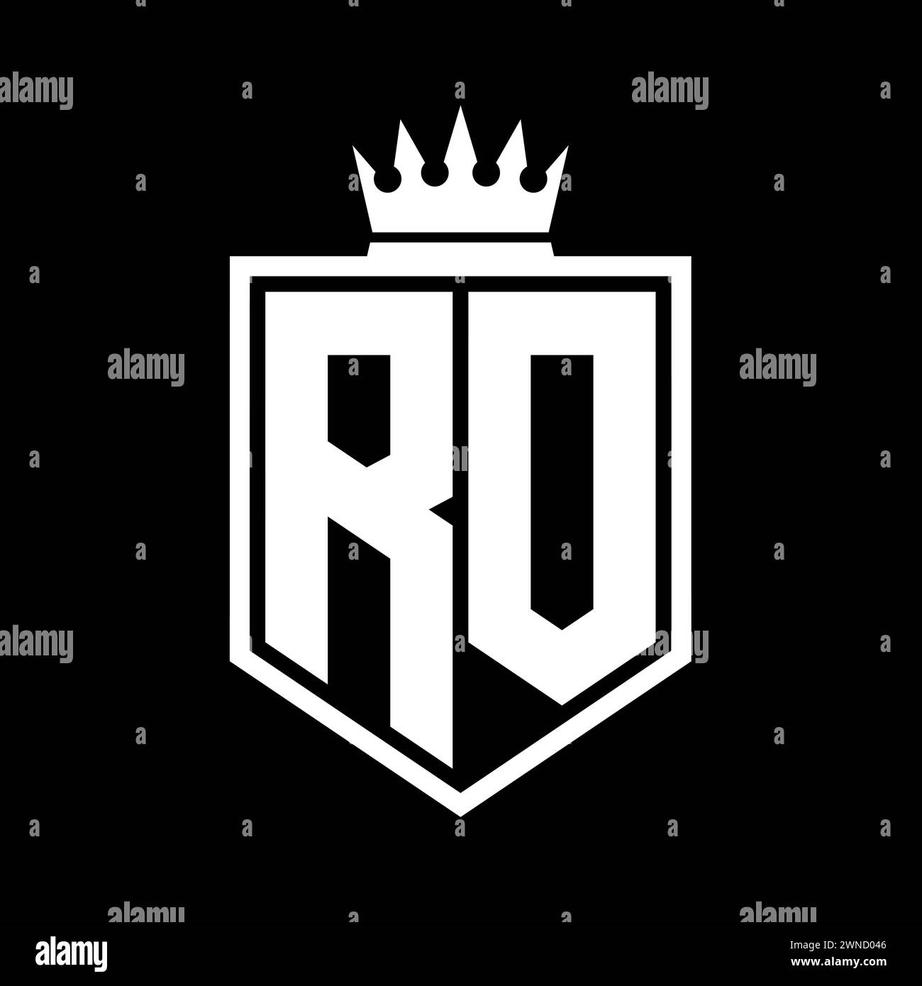 RO Letter Logo monogram bold shield geometric shape with crown outline black and white style ...