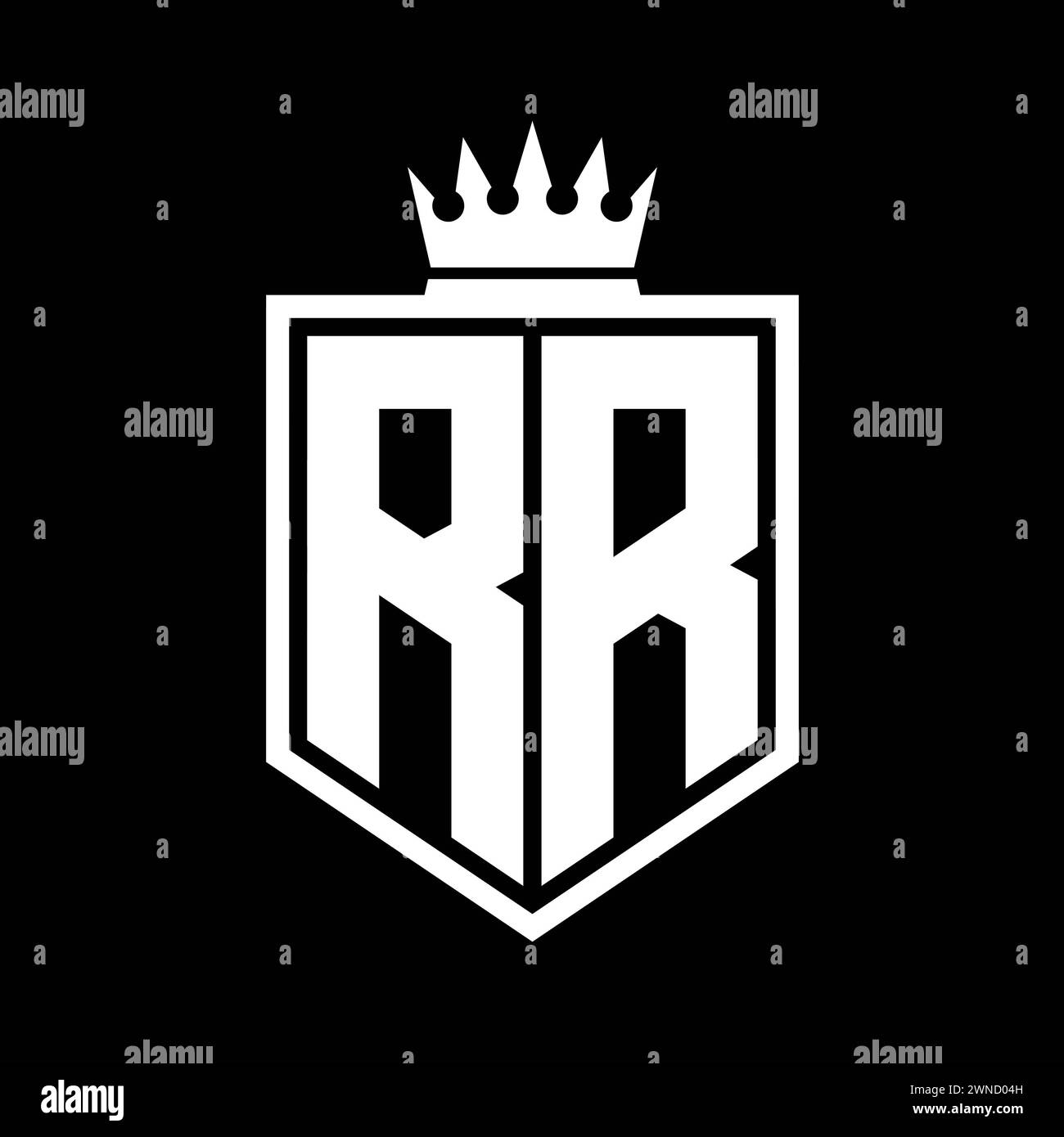 RR Letter Logo monogram bold shield geometric shape with crown outline ...