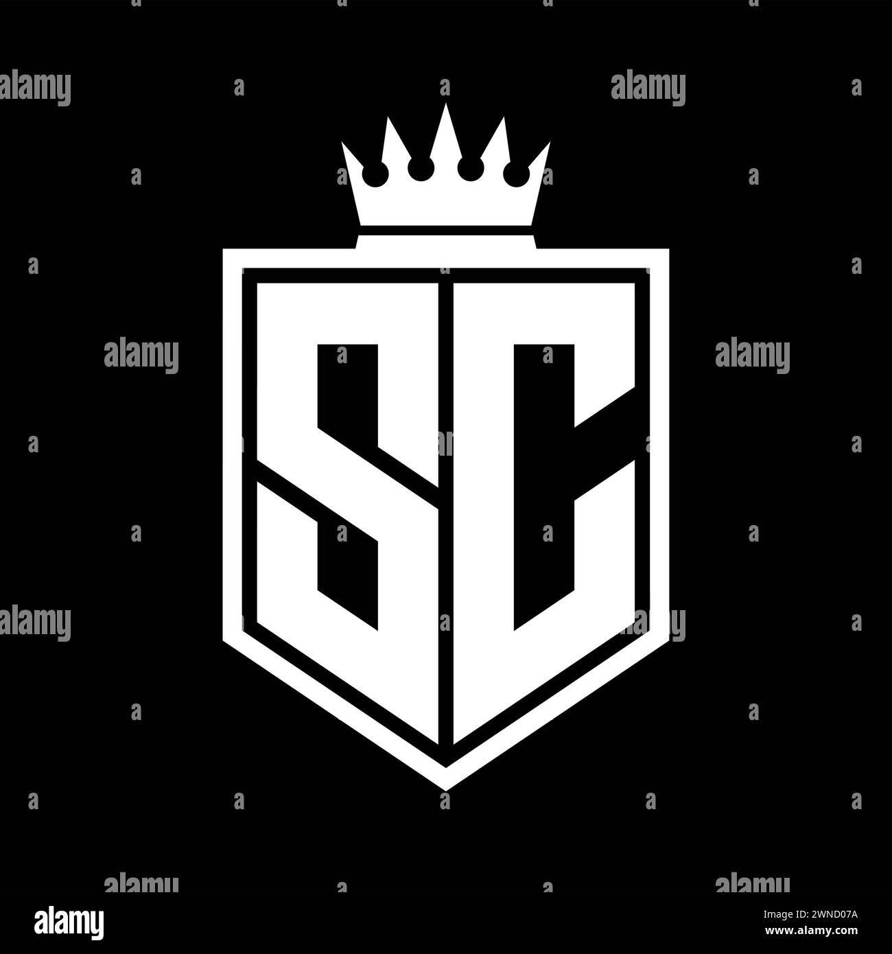 SC Letter Logo monogram bold shield geometric shape with crown outline ...