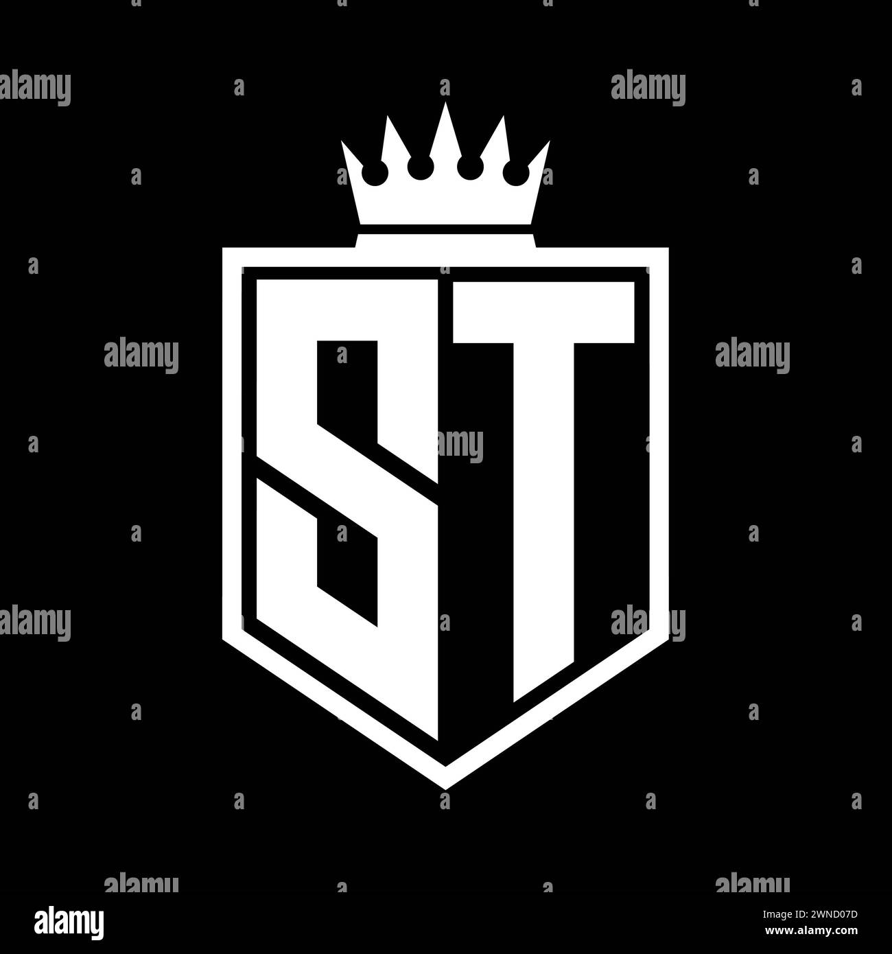ST Letter Logo monogram bold shield geometric shape with crown outline black and white style ...