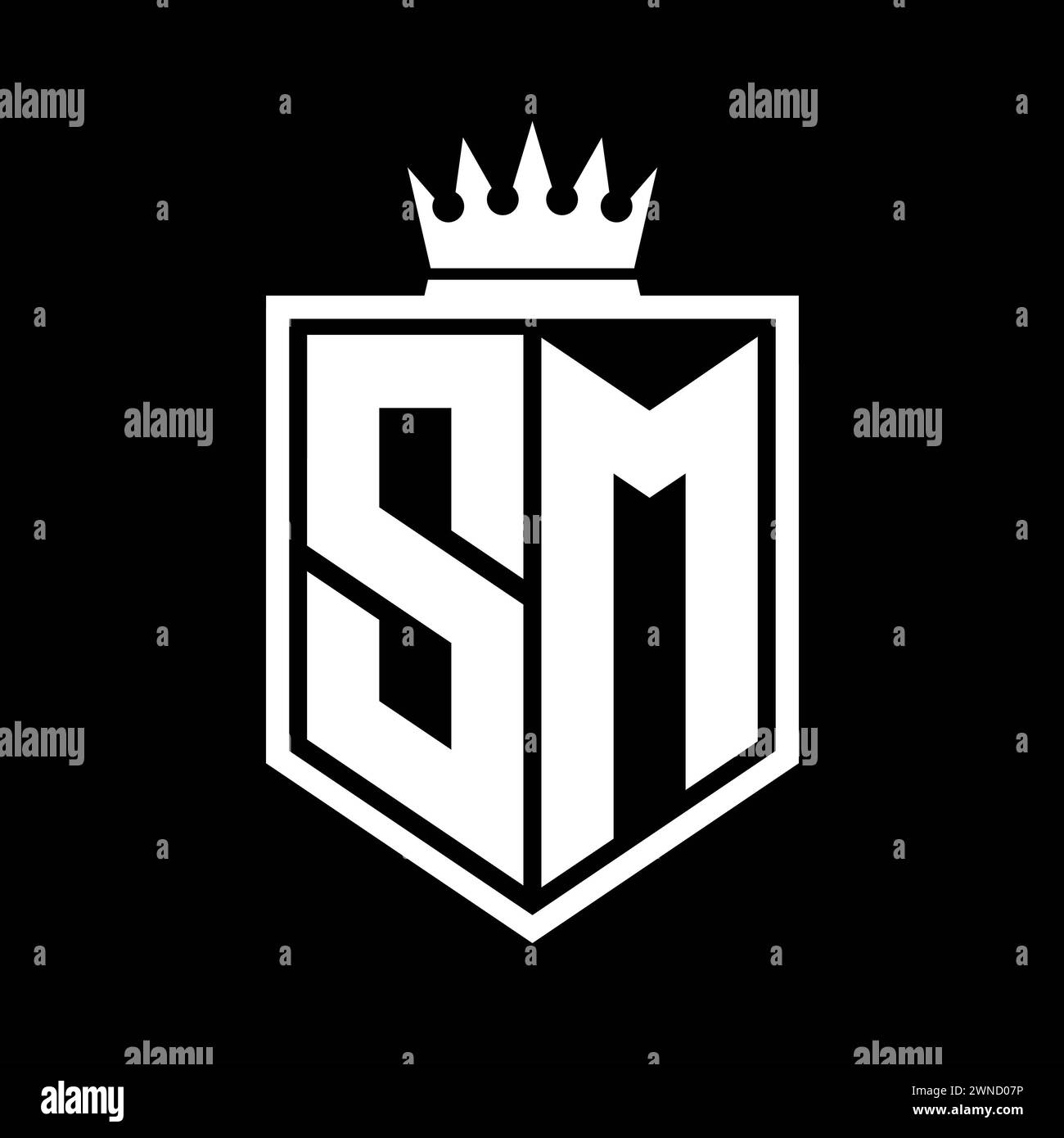 SM Letter Logo monogram bold shield geometric shape with crown outline ...