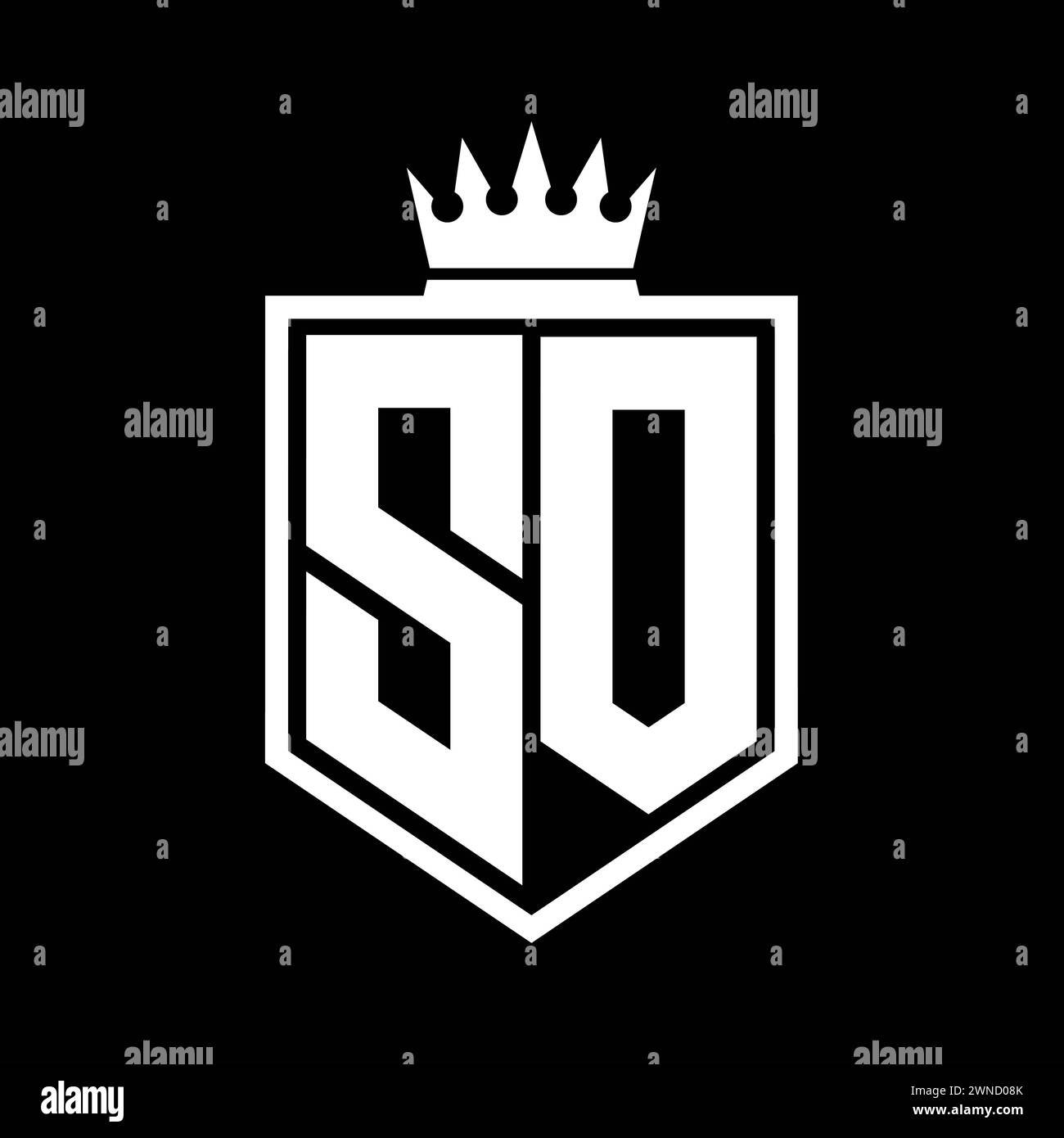 SO Letter Logo monogram bold shield geometric shape with crown outline black and white style ...