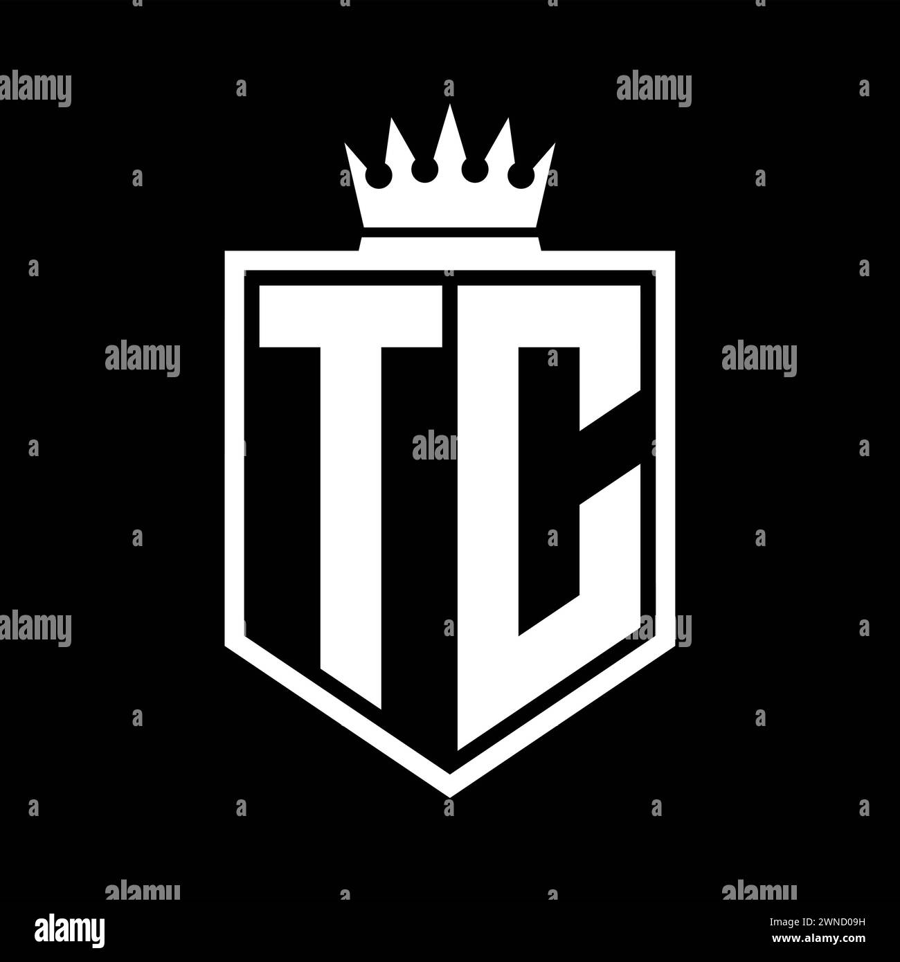 TC Letter Logo monogram bold shield geometric shape with crown outline black and white style ...