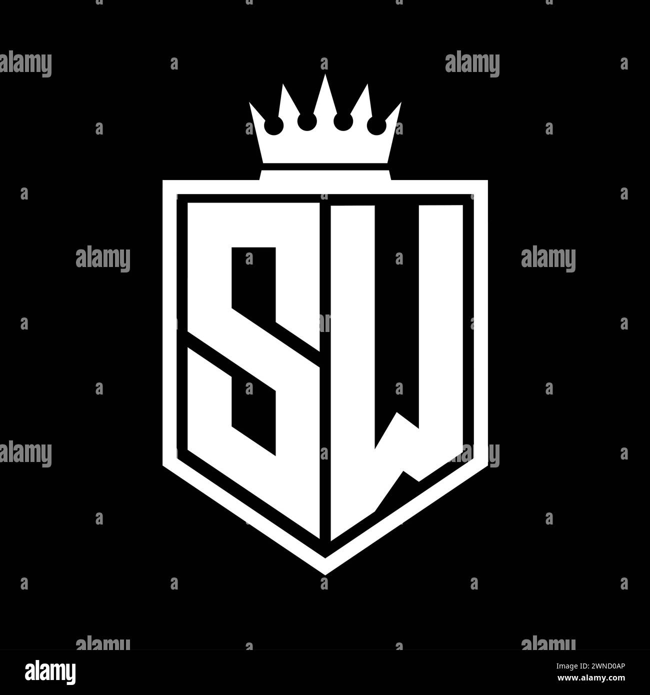 SW Letter Logo monogram bold shield geometric shape with crown outline ...