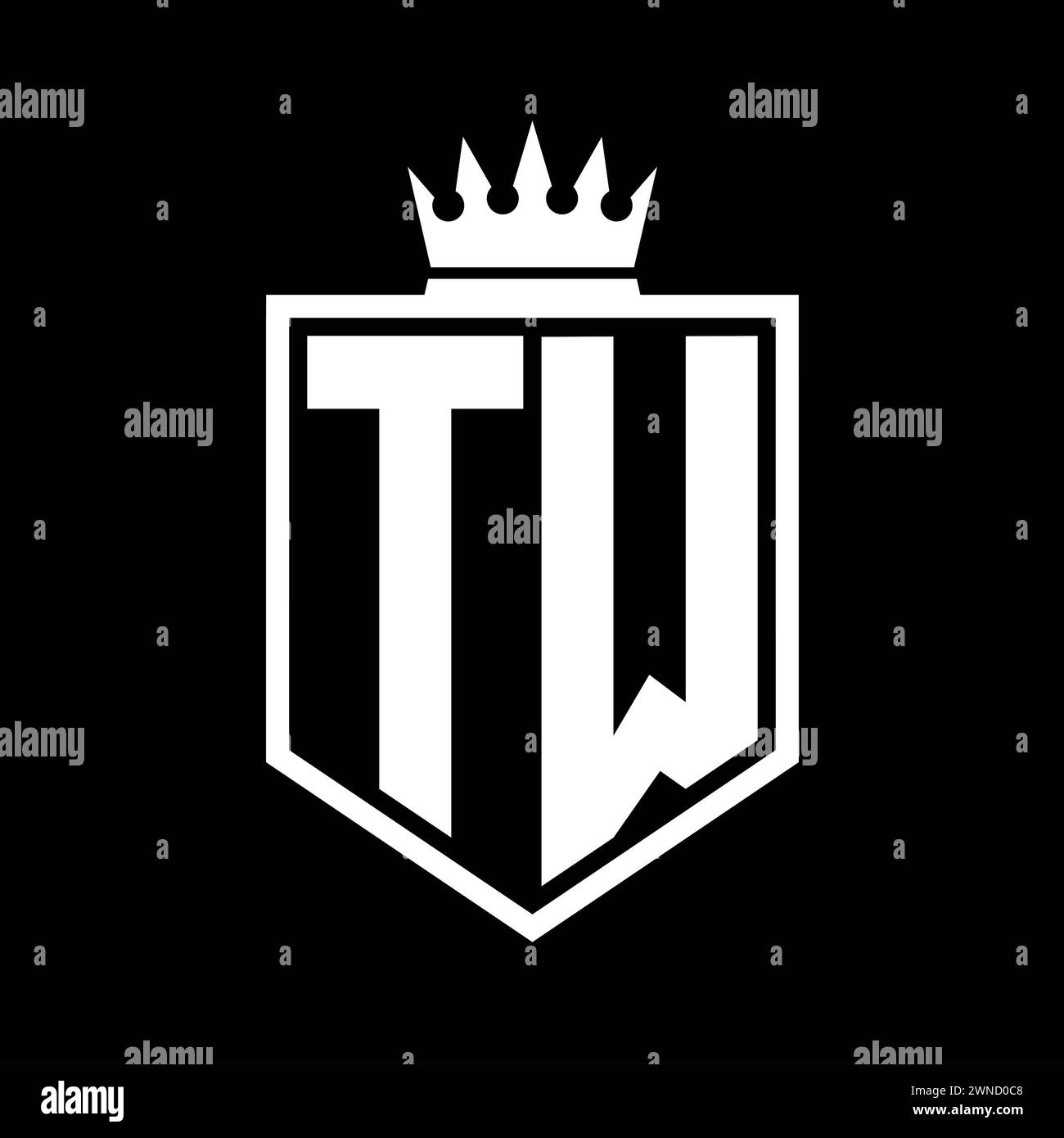 TW Letter Logo monogram bold shield geometric shape with crown outline black and white style ...