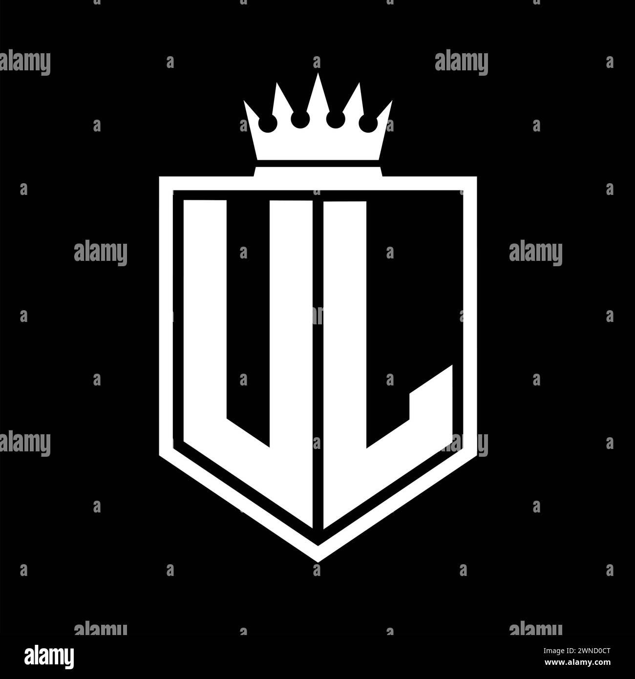 UL Letter Logo monogram bold shield geometric shape with crown outline black and white style ...