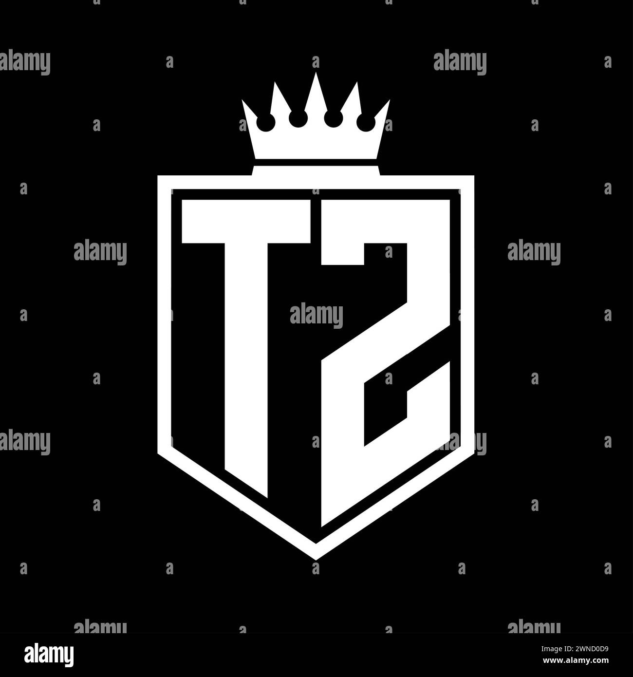 TZ Letter Logo monogram bold shield geometric shape with crown outline black and white style ...