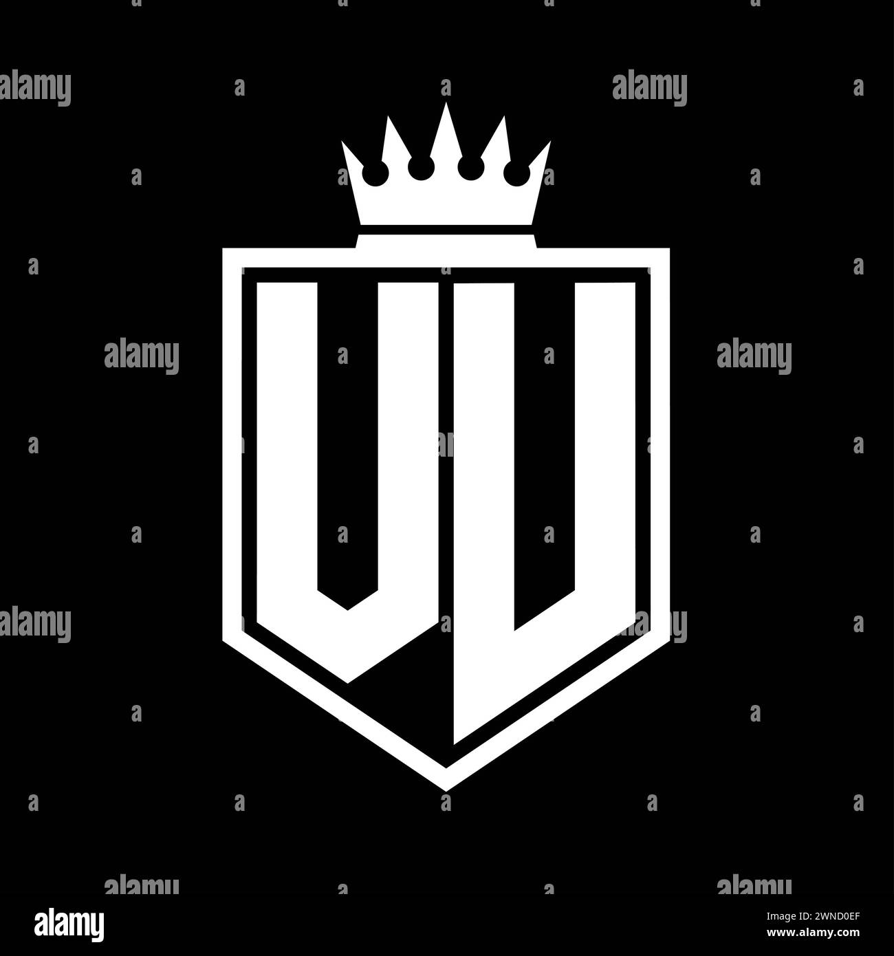 VU Letter Logo monogram bold shield geometric shape with crown outline black and white style ...