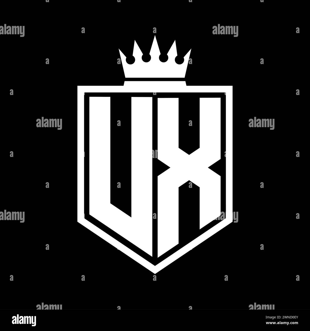 UX Letter Logo monogram bold shield geometric shape with crown outline black and white style ...