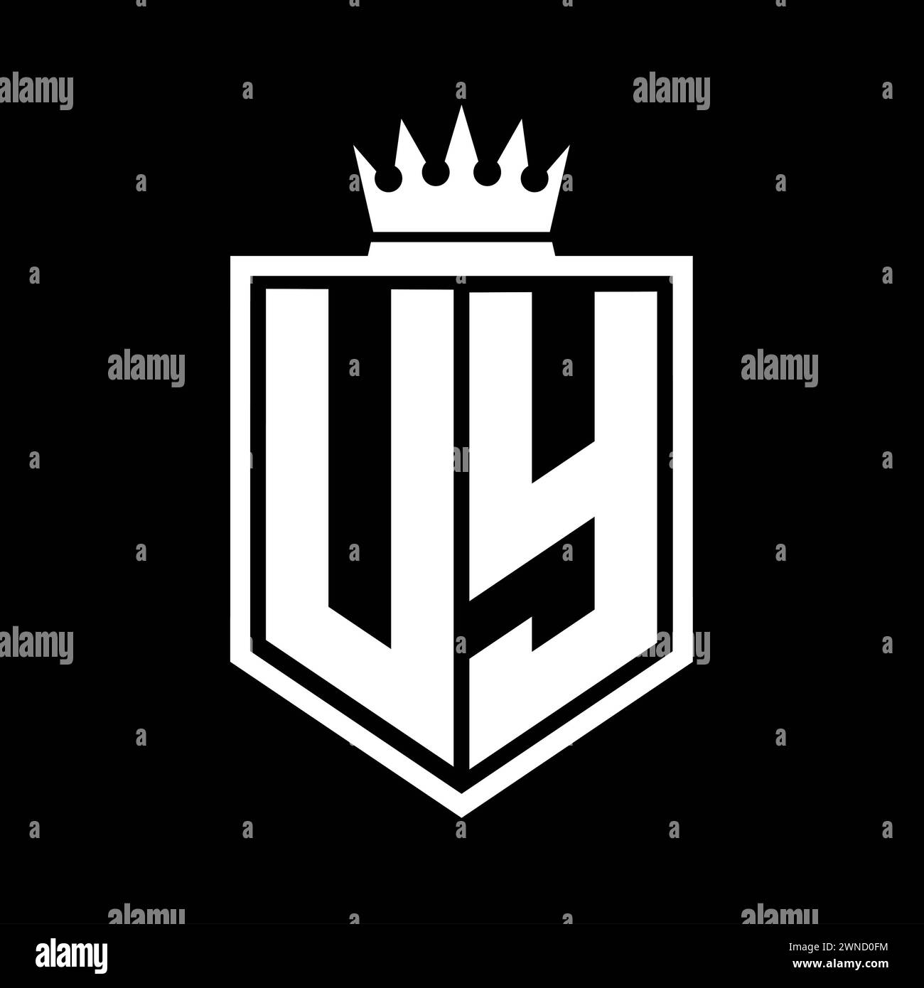 UY Letter Logo monogram bold shield geometric shape with crown outline black and white style ...