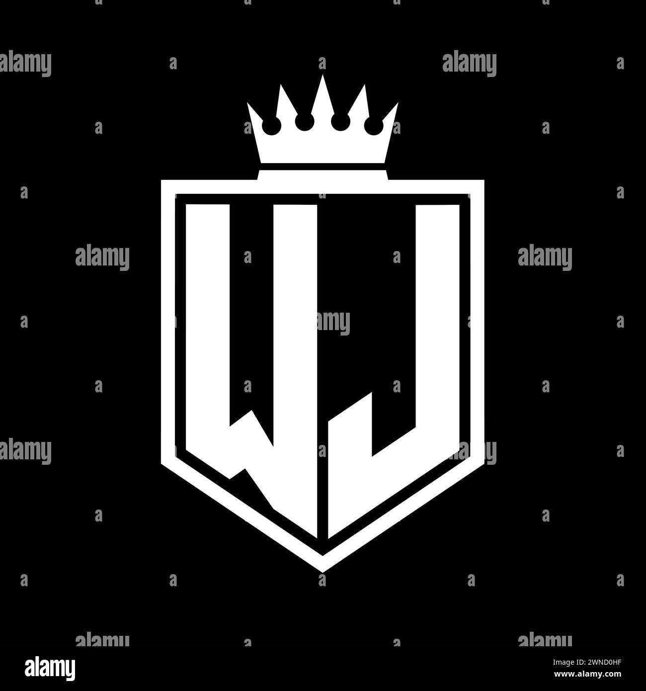 WJ Letter Logo monogram bold shield geometric shape with crown outline black and white style ...