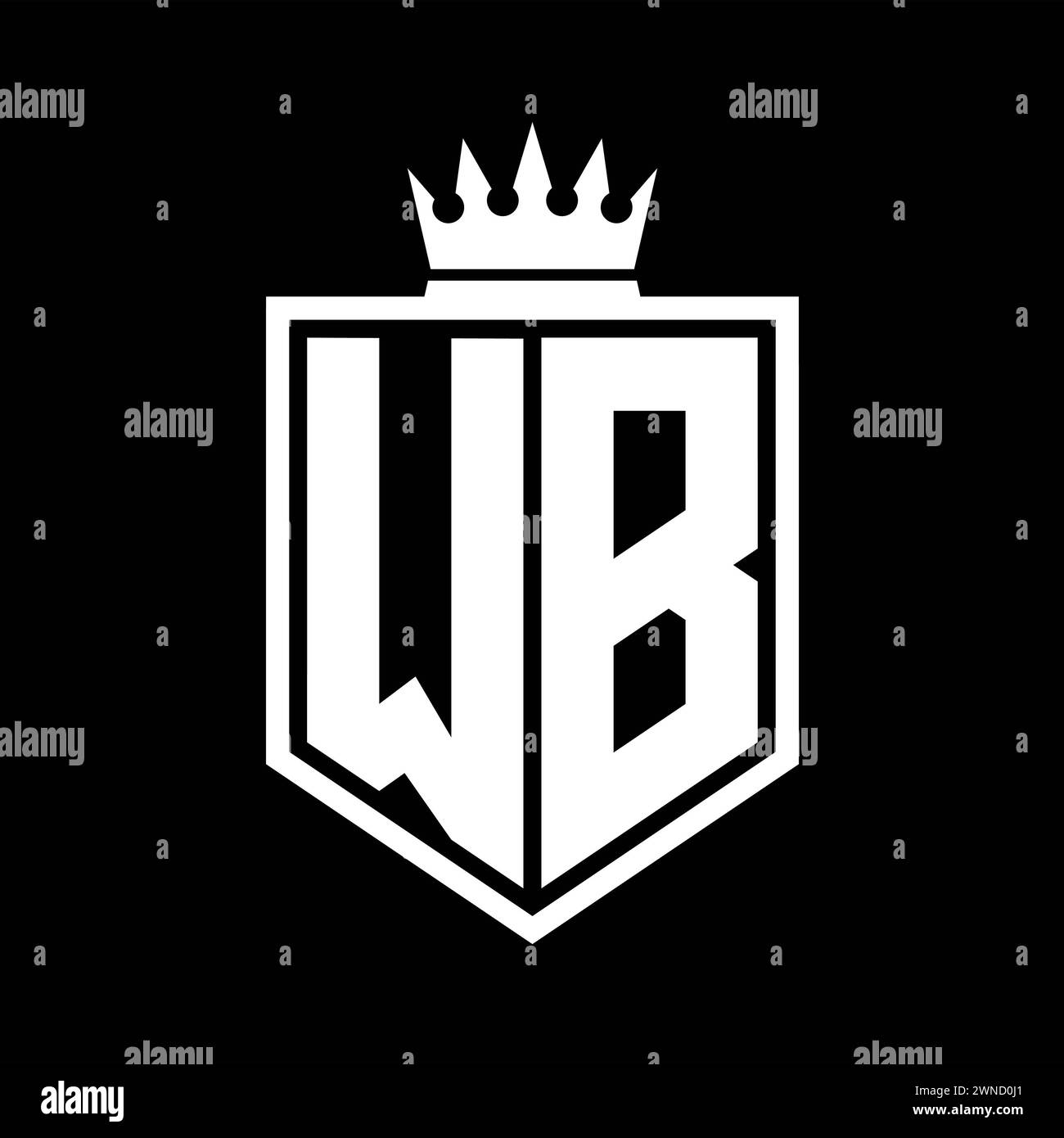 WB Letter Logo monogram bold shield geometric shape with crown outline ...