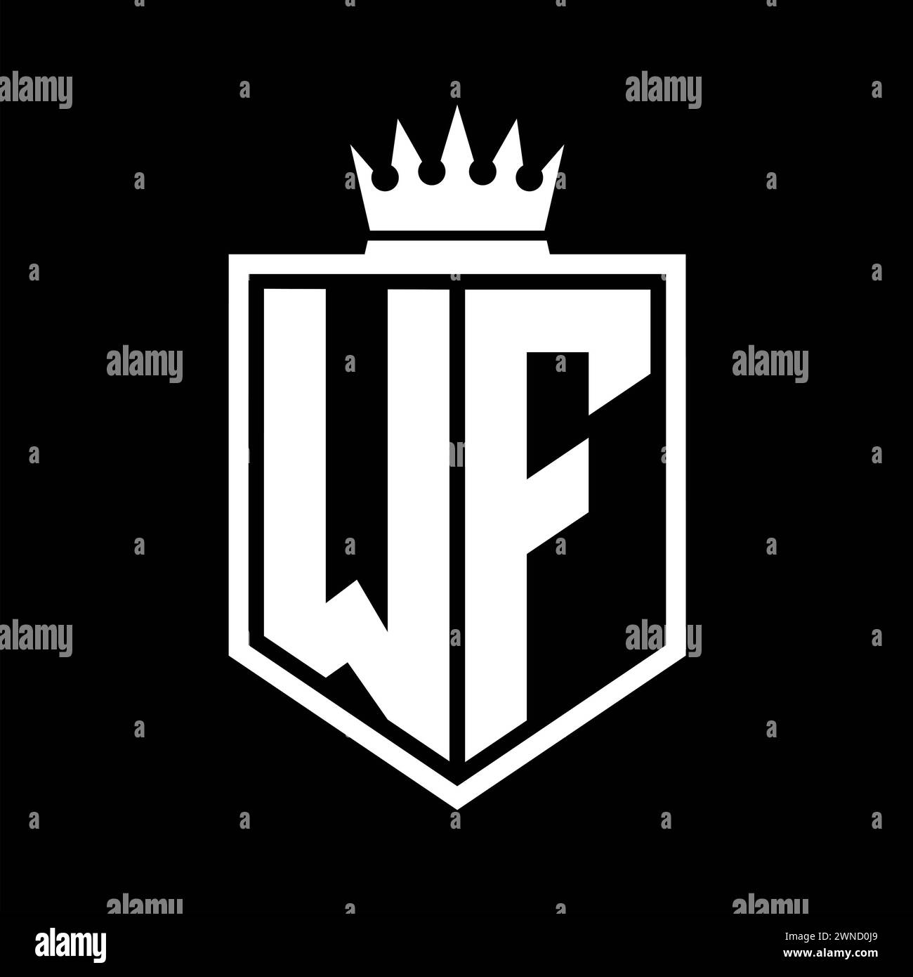 WF Letter Logo monogram bold shield geometric shape with crown outline black and white style ...