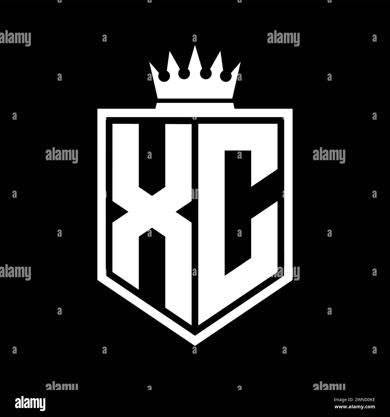 XC Letter Logo monogram bold shield geometric shape with crown outline black and white style ...