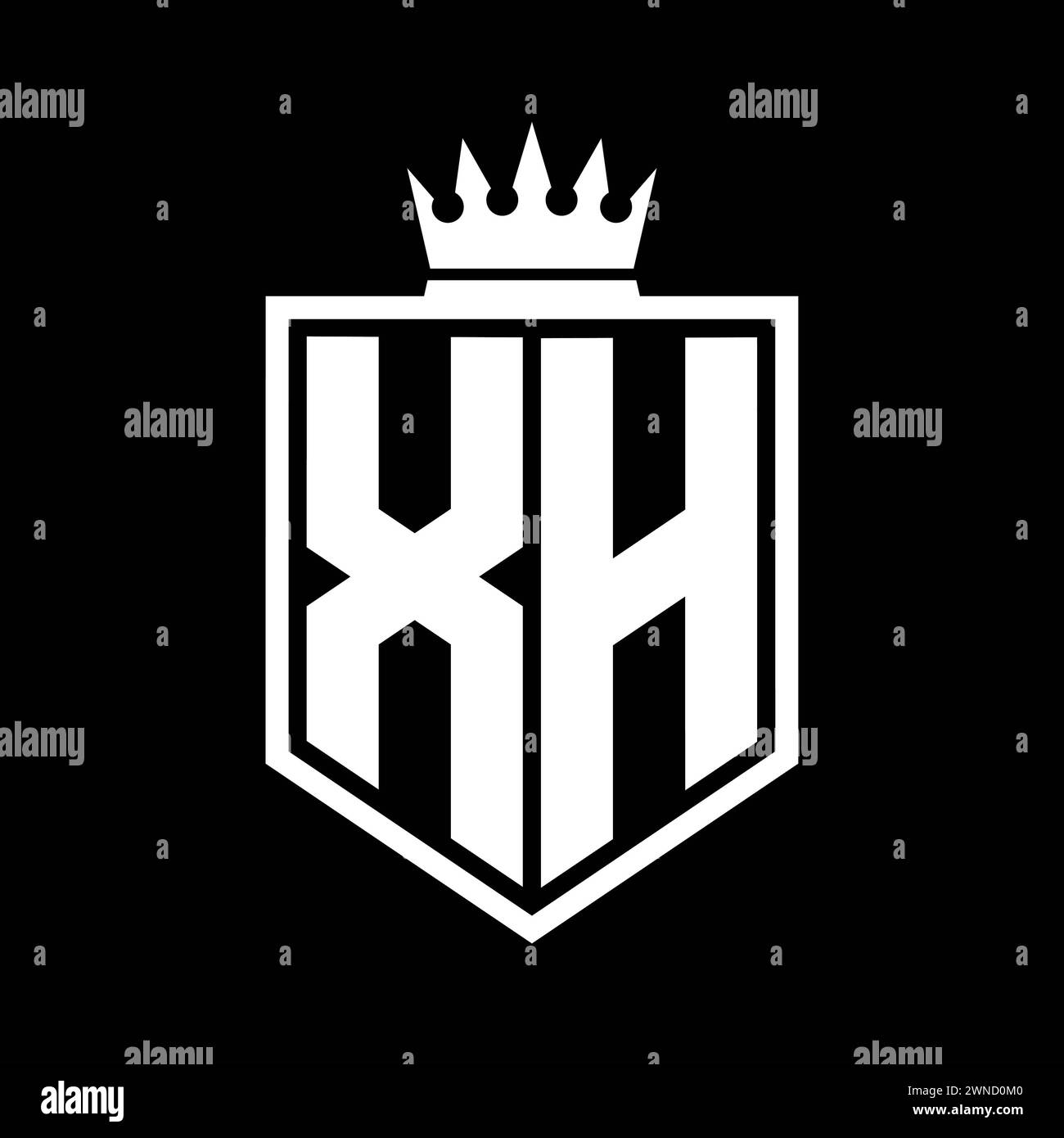 XH Letter Logo monogram bold shield geometric shape with crown outline black and white style ...