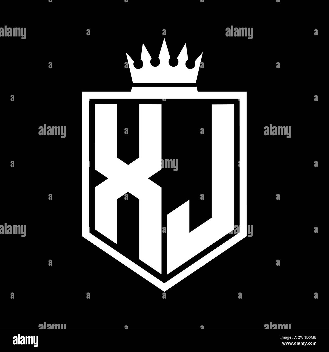 XJ Letter Logo monogram bold shield geometric shape with crown outline black and white style ...