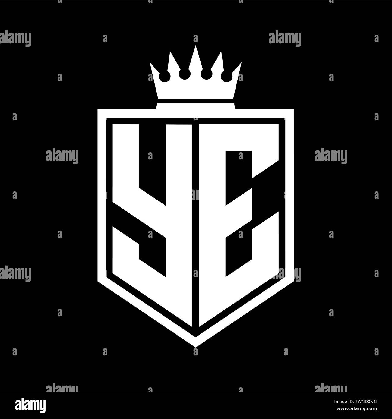 YE Letter Logo monogram bold shield geometric shape with crown outline black and white style ...