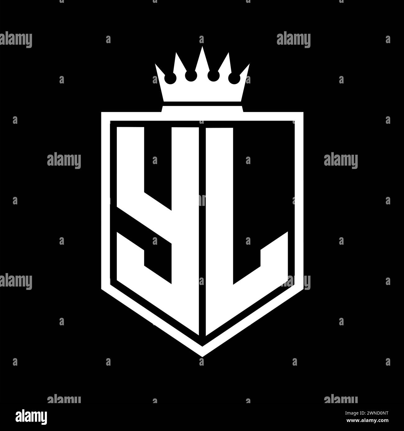 YL Letter Logo monogram bold shield geometric shape with crown outline black and white style ...