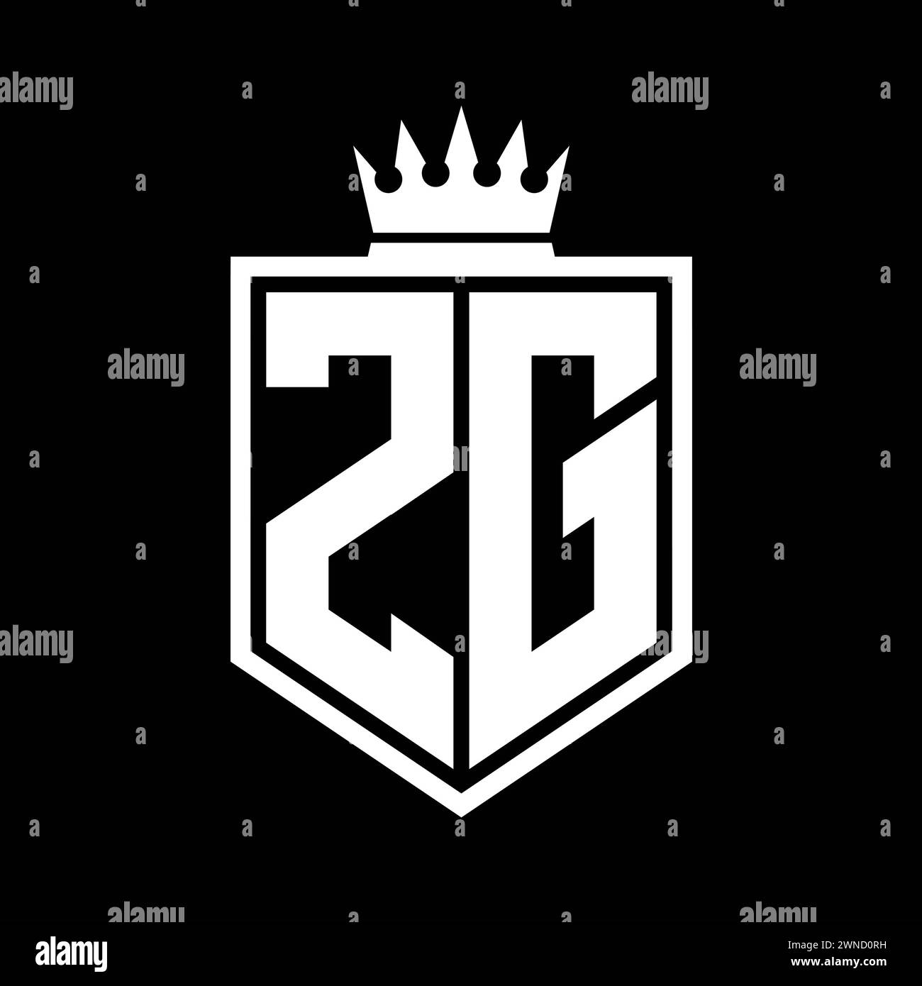 ZG Letter Logo monogram bold shield geometric shape with crown outline black and white style ...