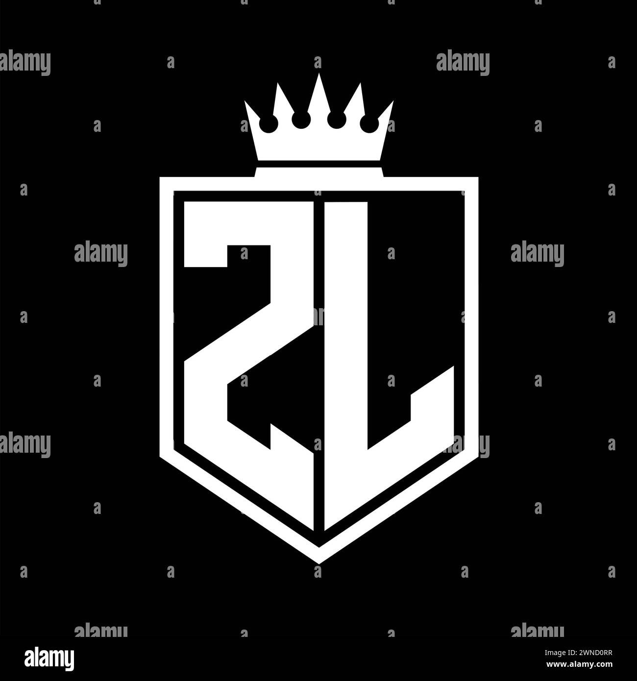 ZL Letter Logo monogram bold shield geometric shape with crown outline black and white style ...