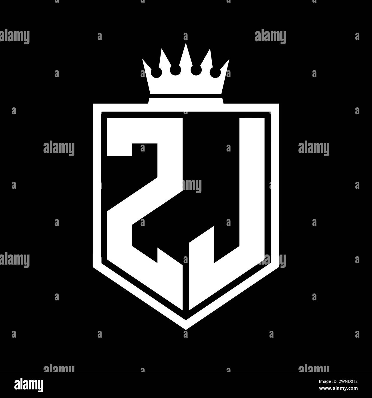 ZJ Letter Logo monogram bold shield geometric shape with crown outline black and white style ...