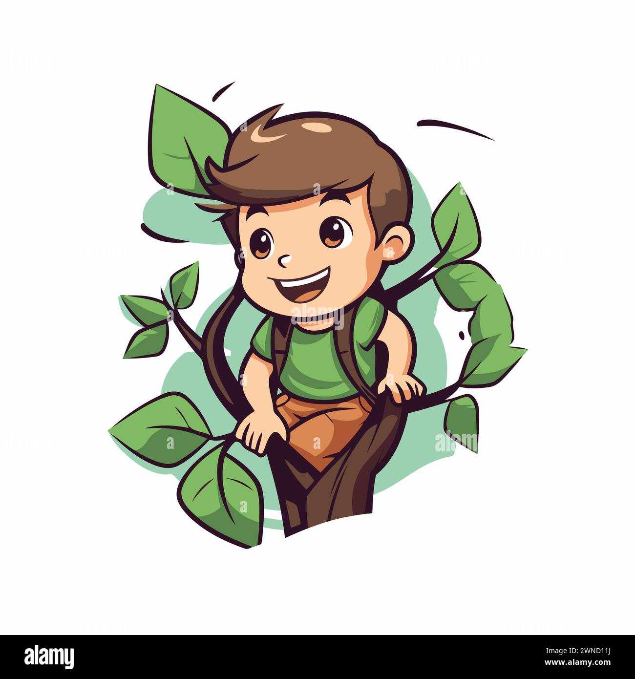 Cute boy climbing a tree isolated on white background. Vector ...