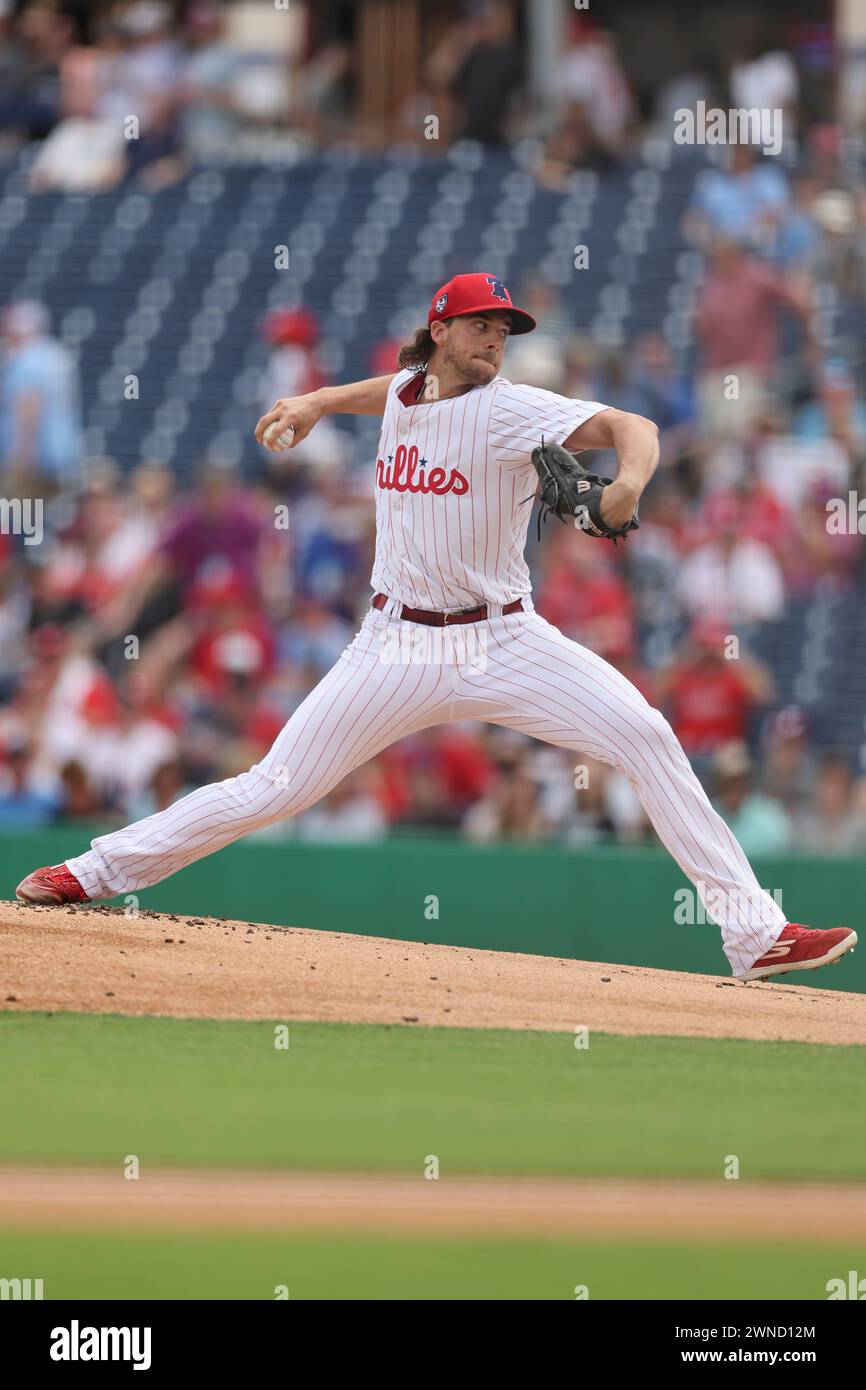 Clearwater, Florida, USA. 1st Mar, 2024. Philadelphia Phillies starting pitcher Aaron Nola (27 ...