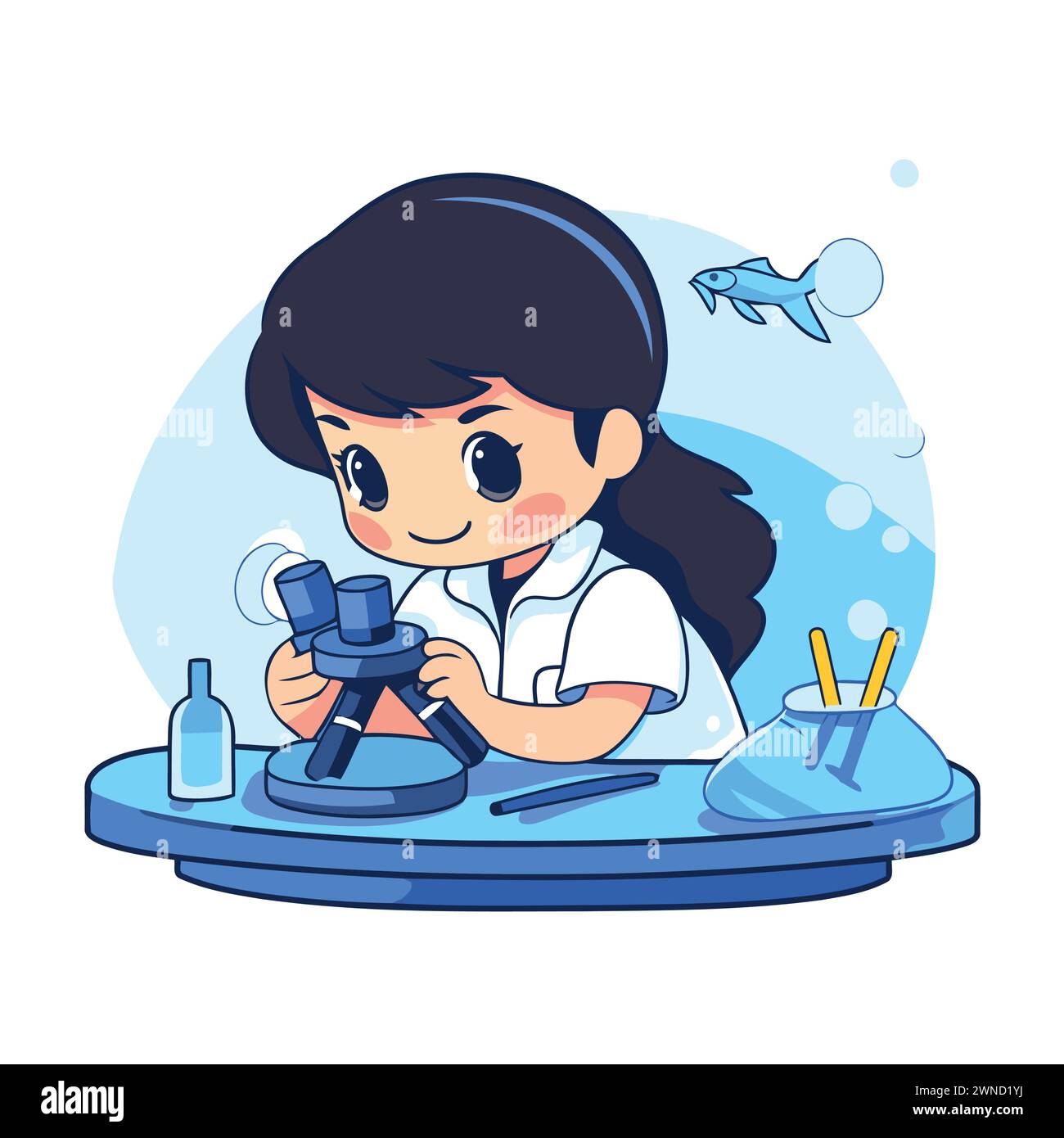 Cute little girl studying science in the laboratory. Vector ...