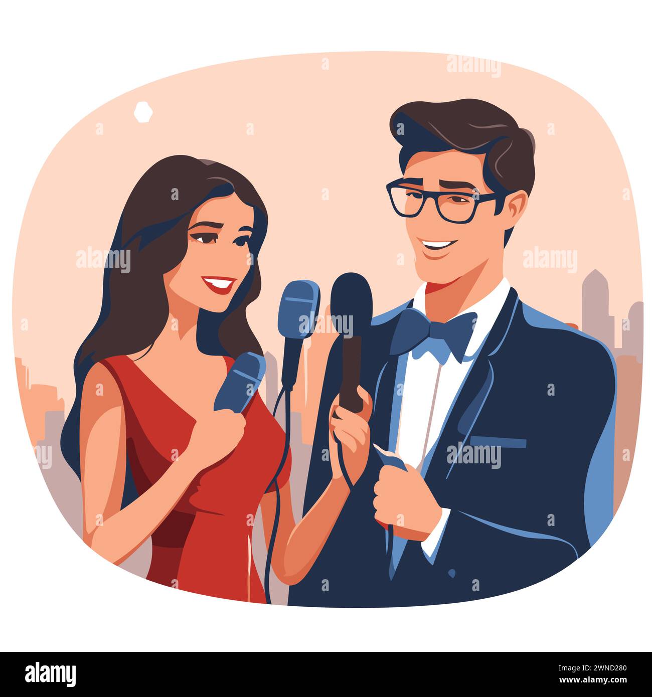 Couple of radio hosts with microphones. Vector illustration in cartoon ...