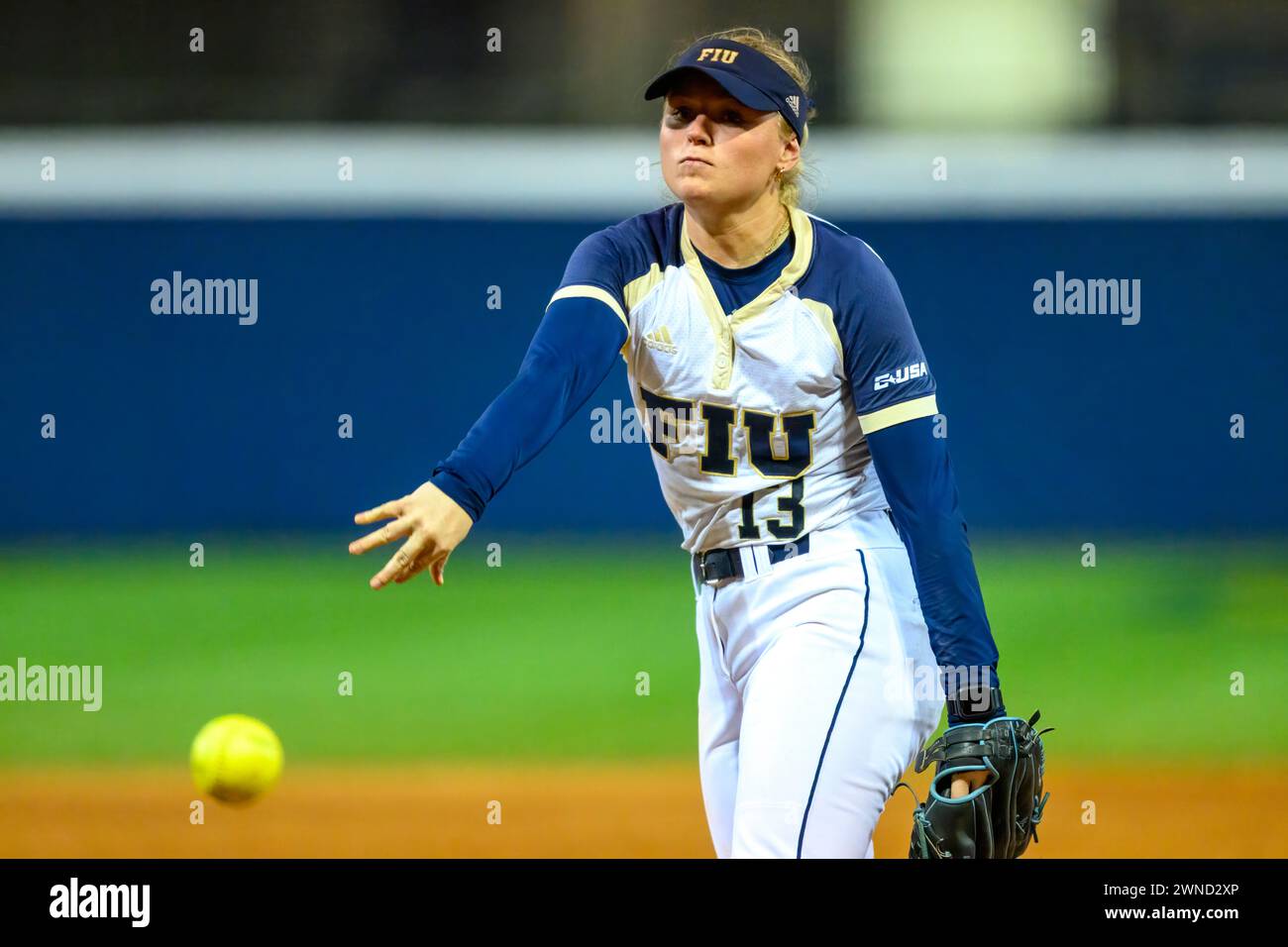 FIU pitcher Jewelie Vanderkous throws the ball from the mound during an NCAA softball game ...
