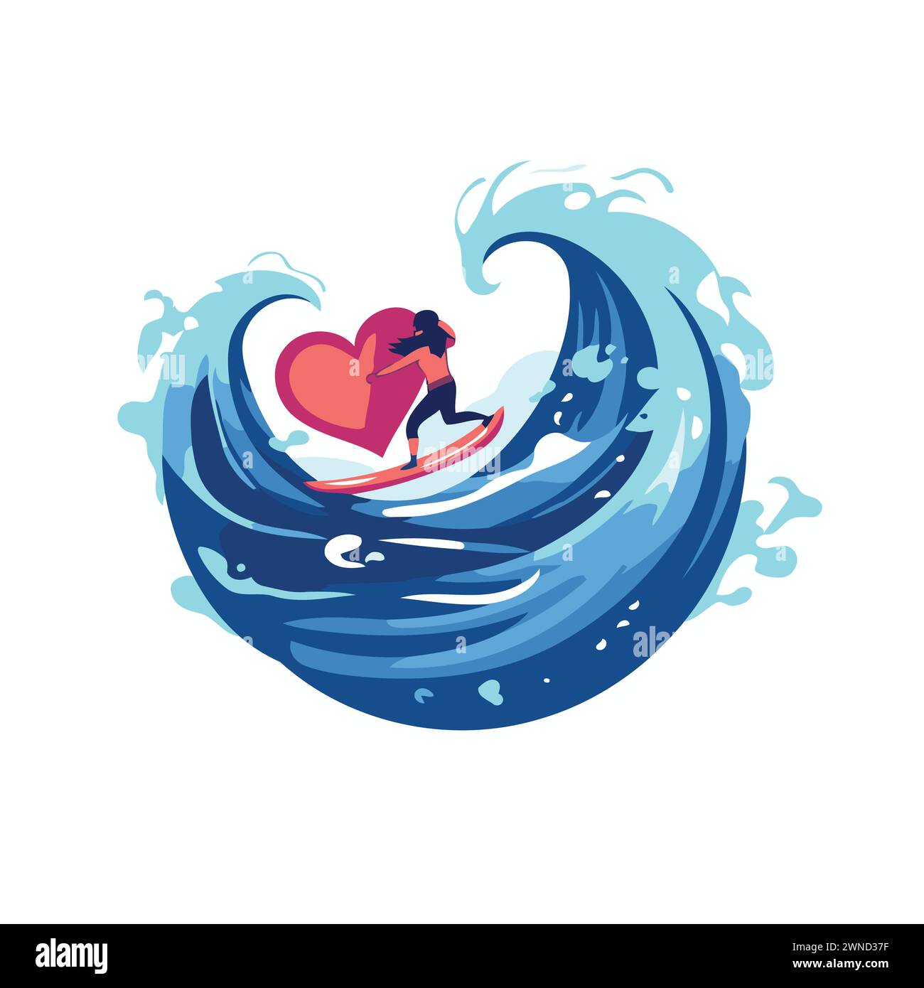 Surfer with heart in the sea. Vector illustration on white background ...