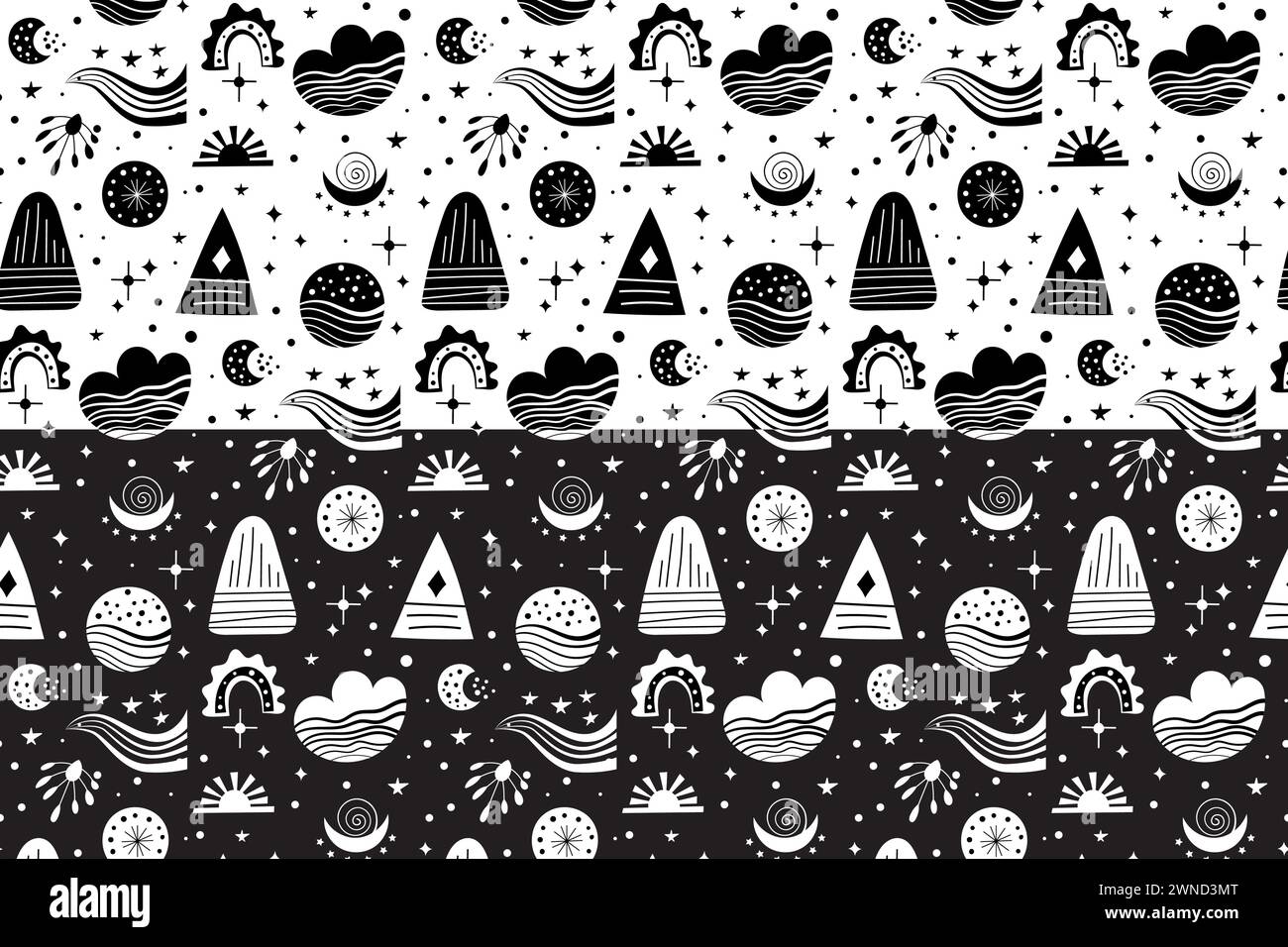 Seamless neo folk art vector pattern with mountains, moon and flowers ...
