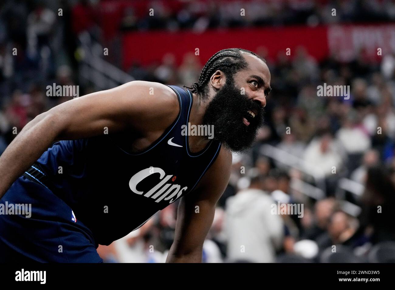 Los Angeles Clippers guard James Harden reacts after a shot during the ...