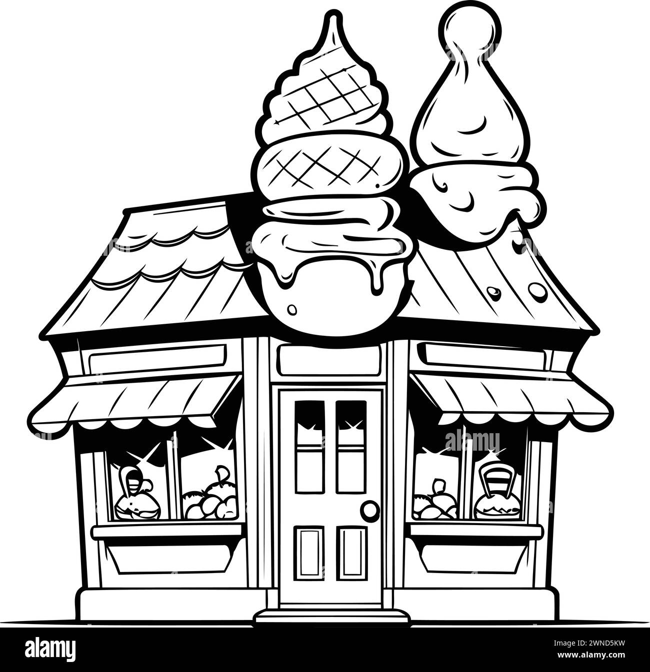 Ice Cream Shop In Black And White Vector Illustration Of Ice Cream Shop Stock Vector Image