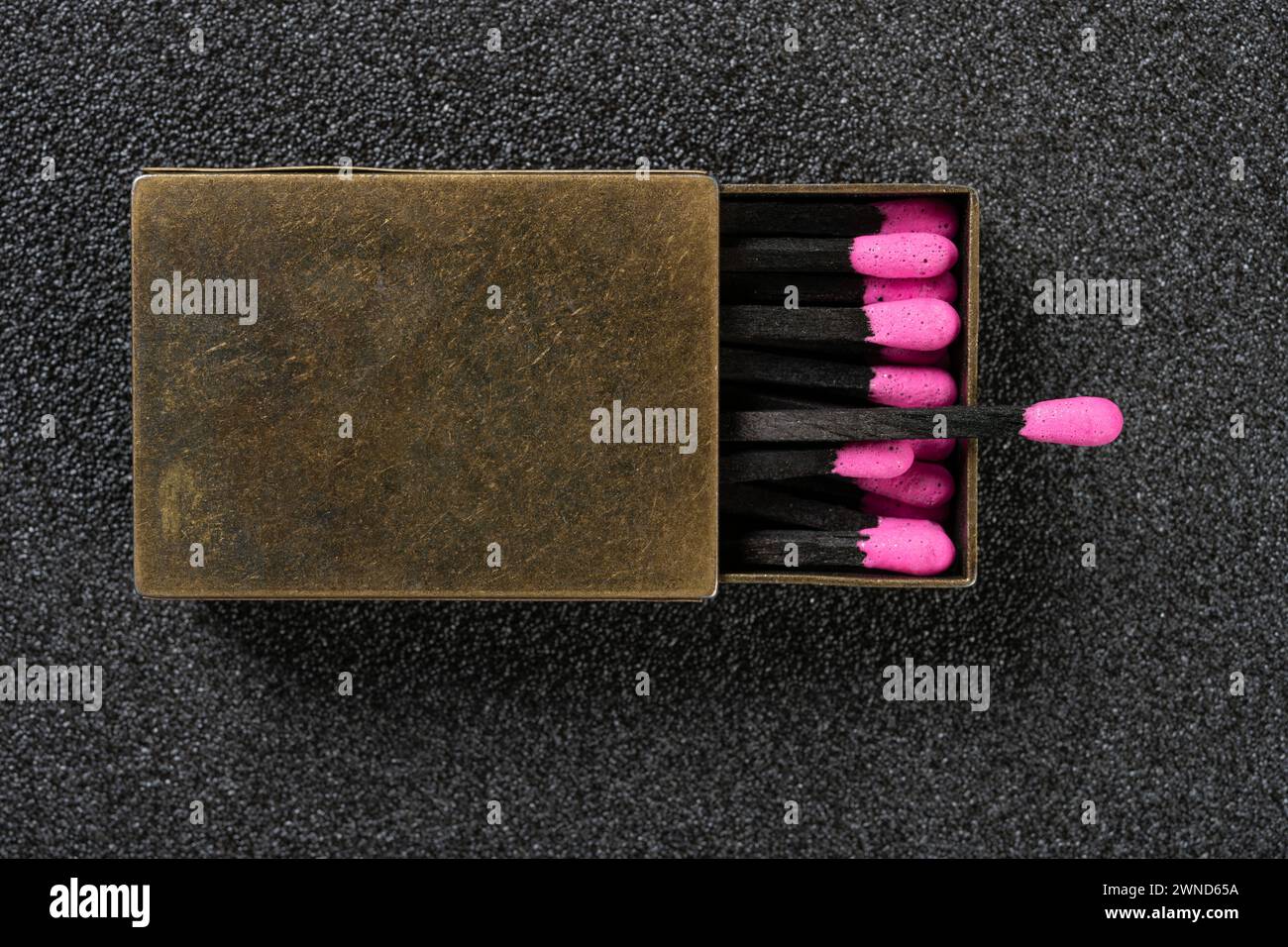 top view copper matchbox with pink color match sticks at horizontal composition Stock Photo - Alamy