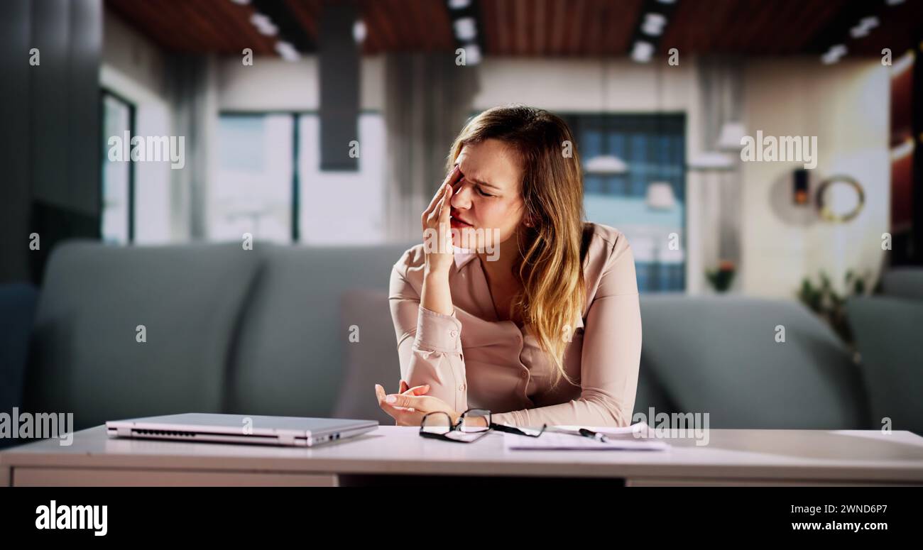 Eye Pain And Inflammation. Woman With Retina Fatigue And Spasm Stock ...