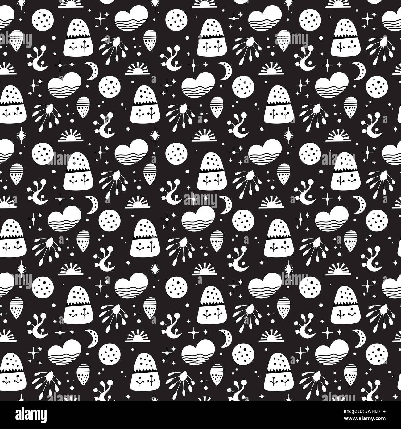 Seamless neo folk art vector pattern with mountains, moon and flowers ...