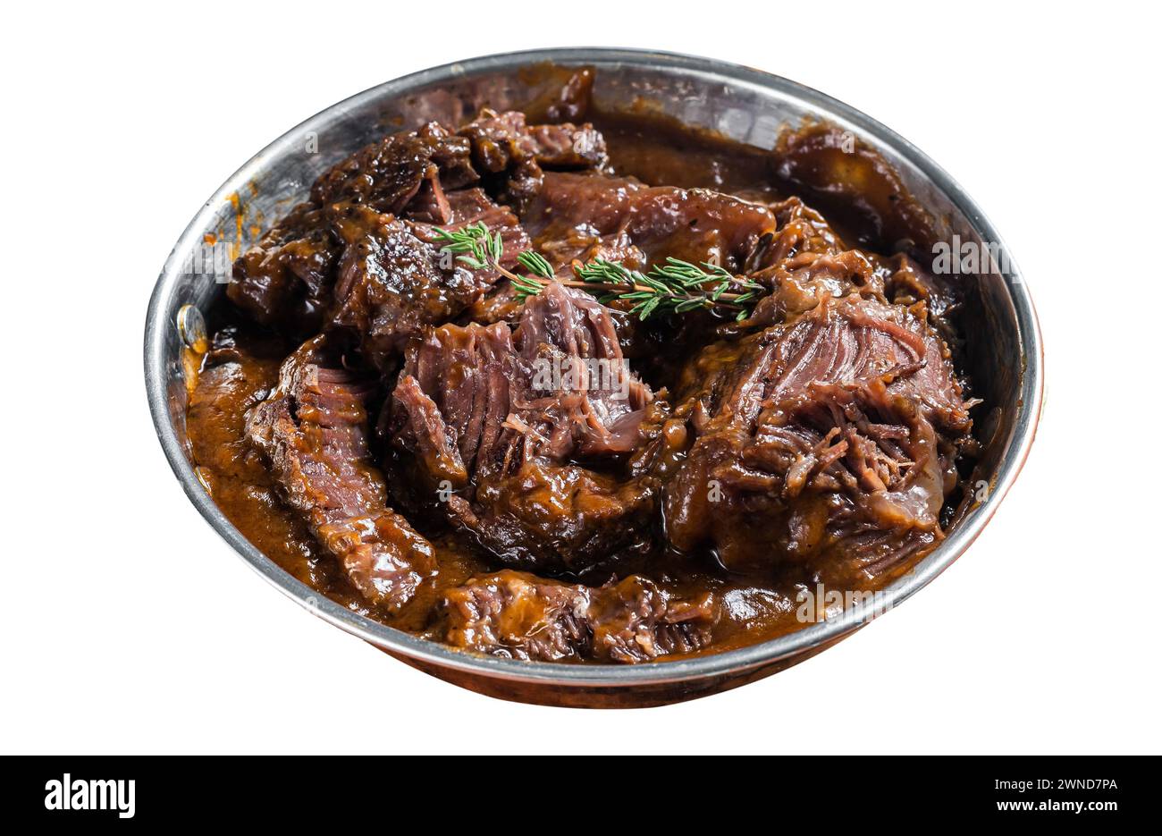 German braised beef cheeks in brown red wine sauce. Isolated on white ...