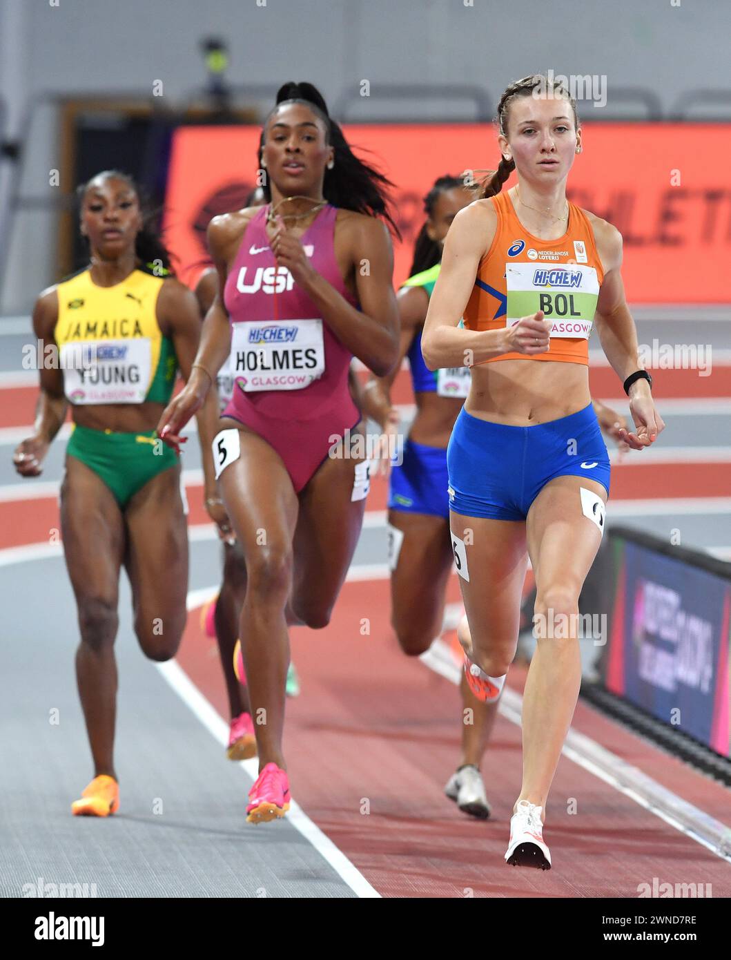 Glasgow, Britain. 1st Mar, 2024. Femke Bol (front R) of the Netherlands ...