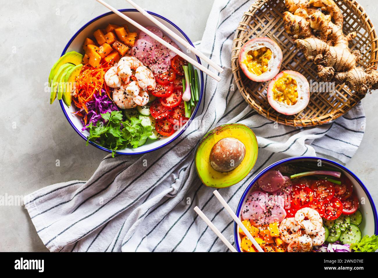 A poke bowl with shrimp prepared by the chef containing white rice ...