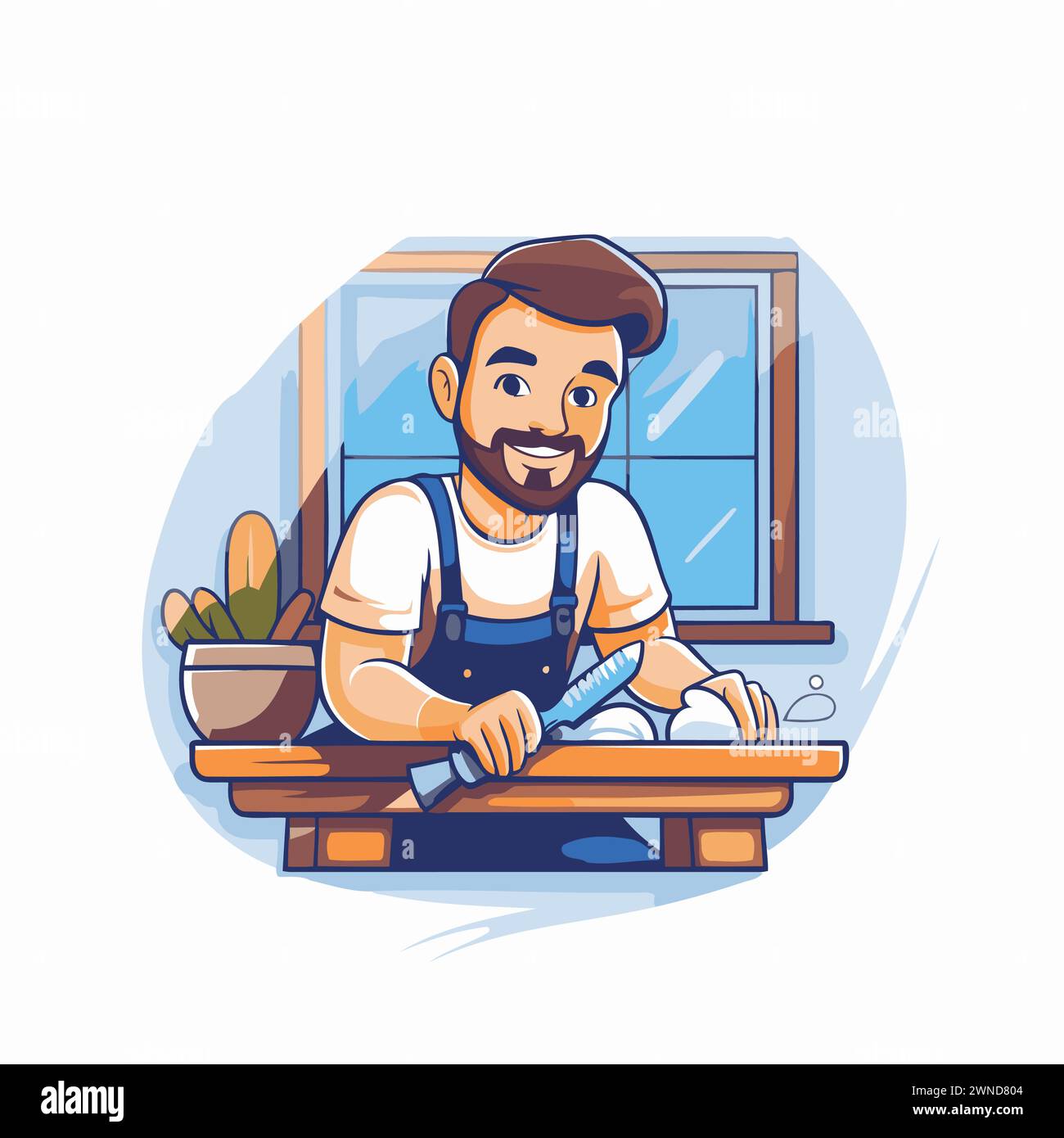 Smiling man in apron and apron working at the window. Vector ...