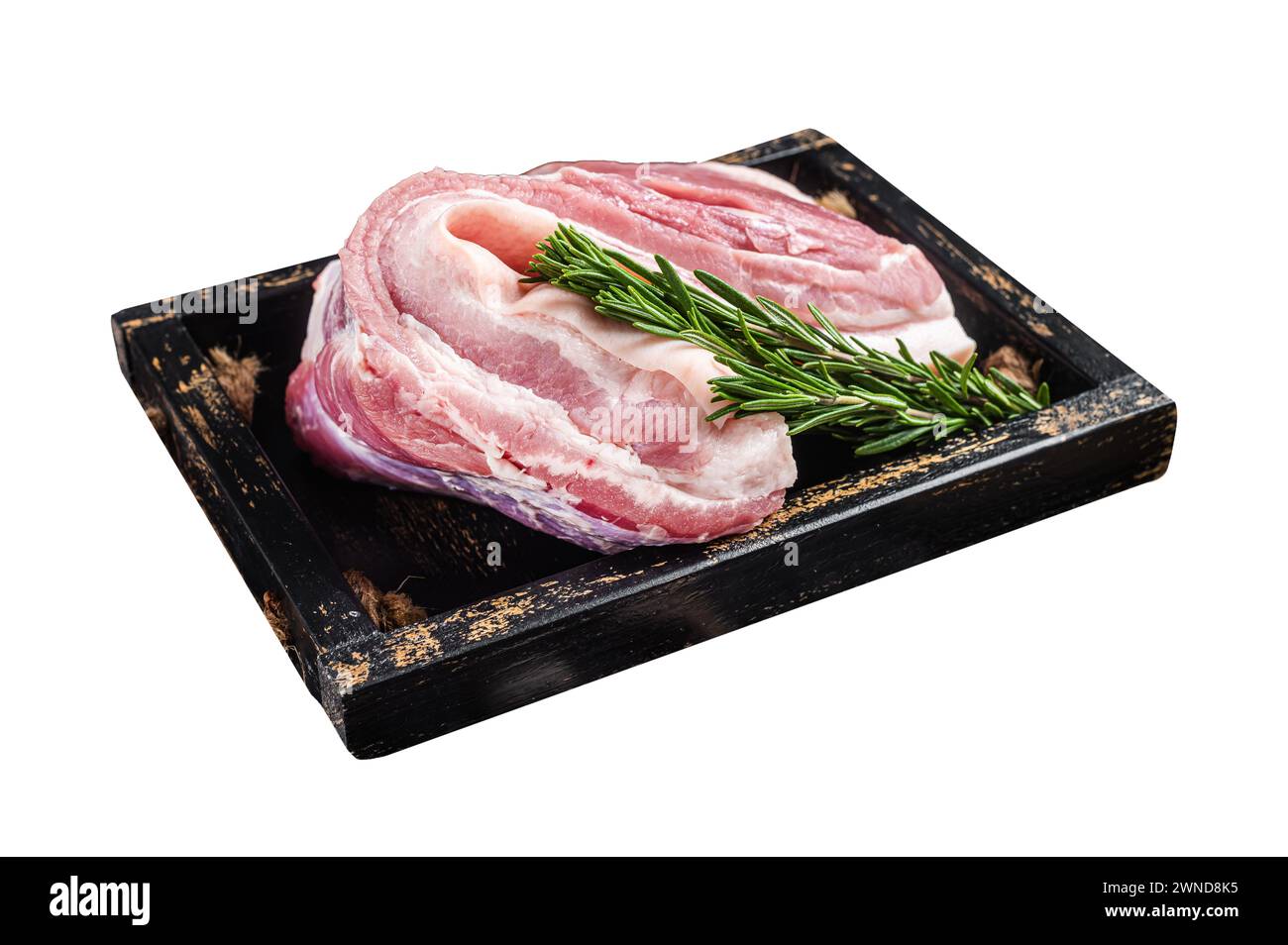 Organic uncooked Pork belly, raw bacon meat in a wooden plate with ...