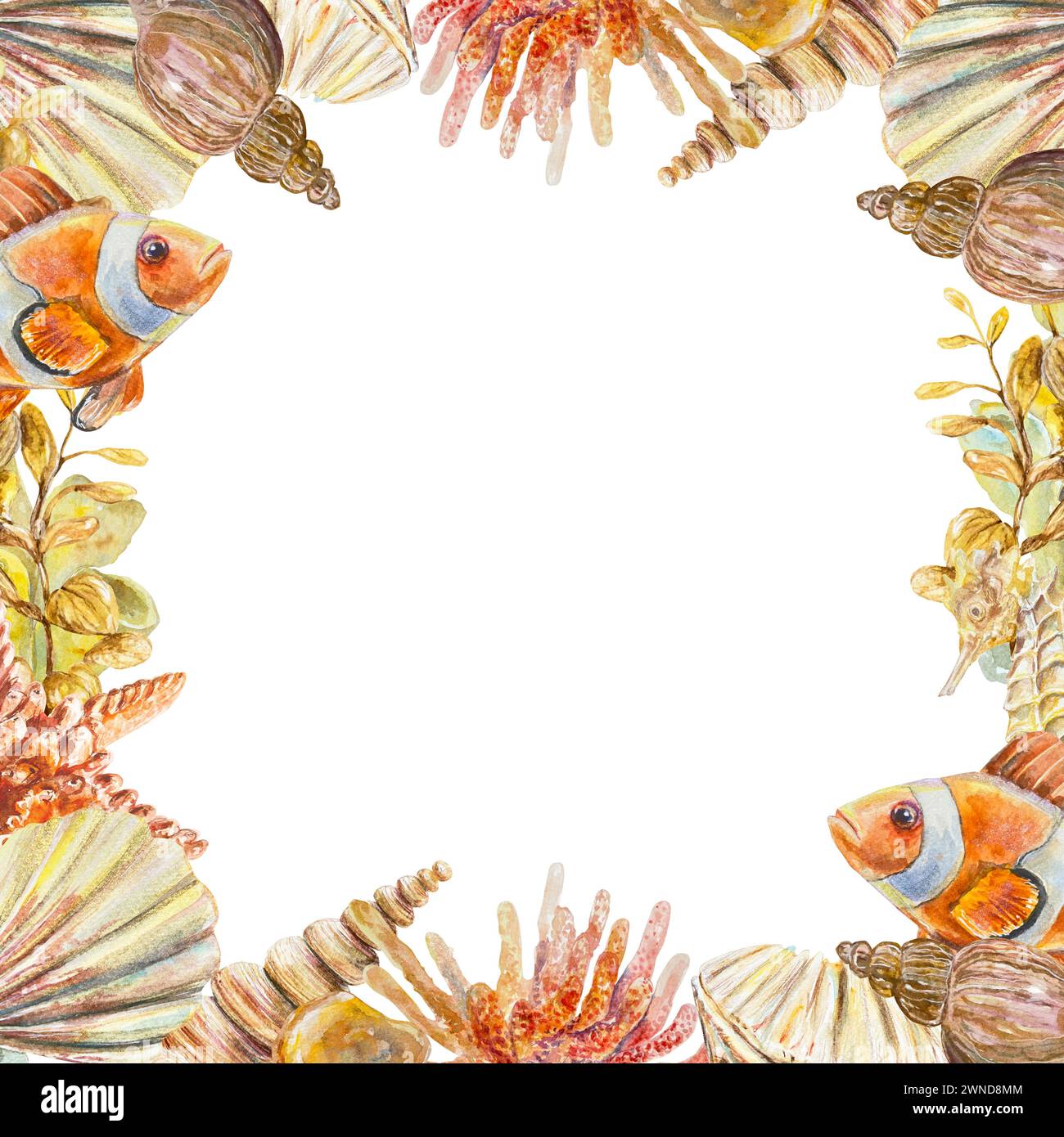 Frame with watercolor fish, shells, corals. Illustration on a marine ...
