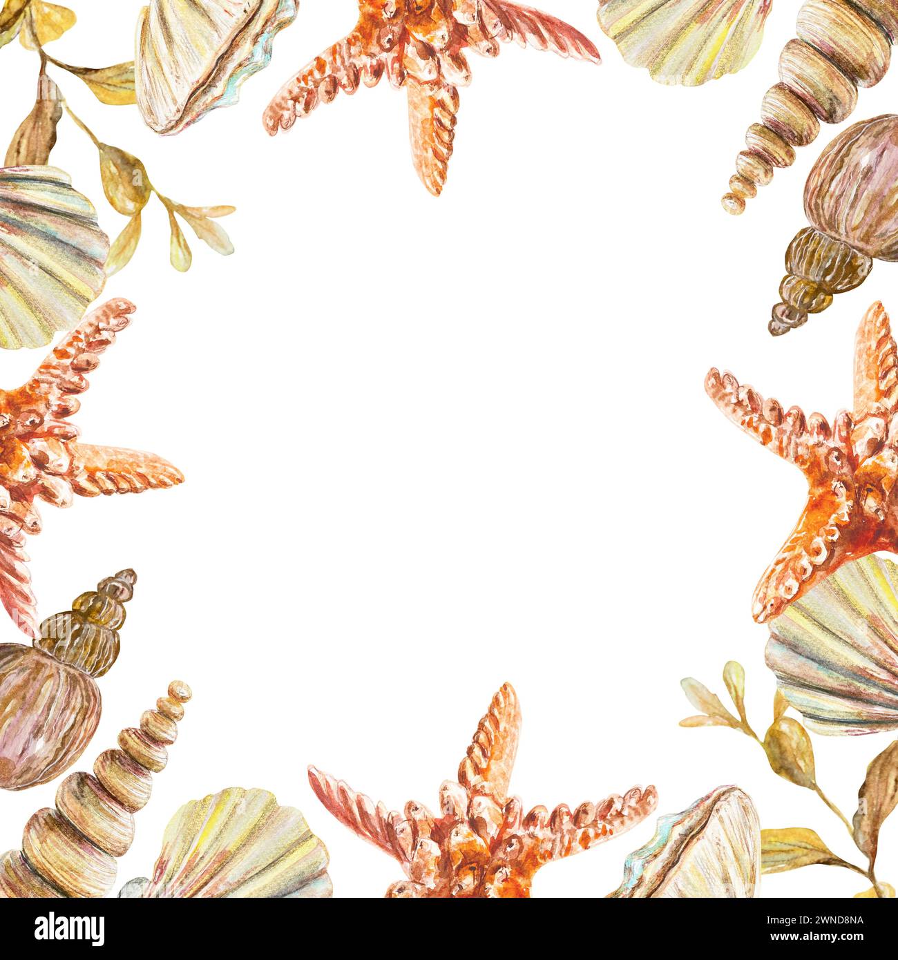 Frame with starfish, shells, corals. Illustration on a marine theme ...