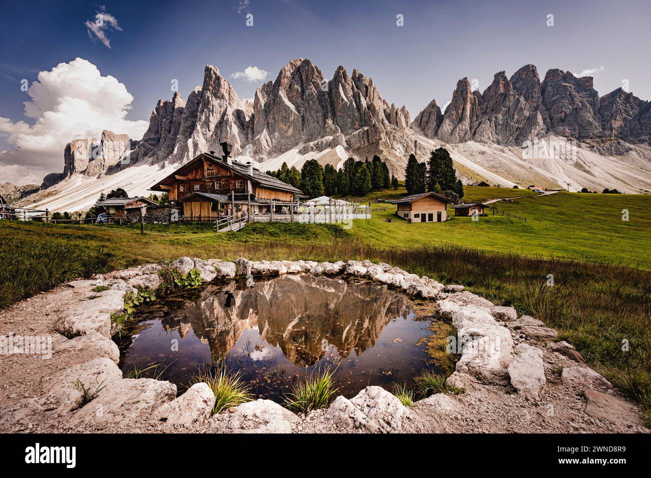 Geisler Alm in the Funes Valley below the Geisler peaks with a view of ...