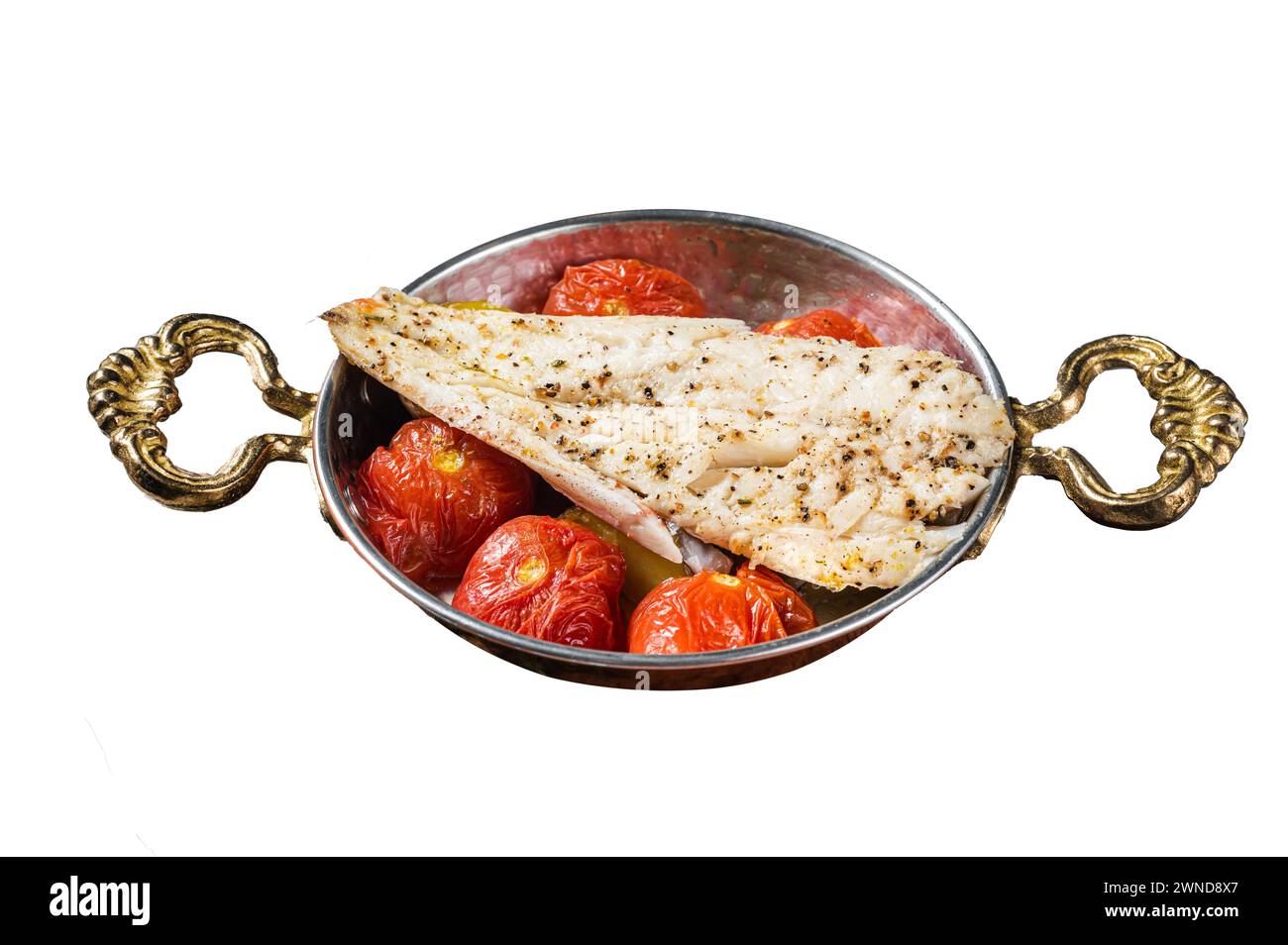 Roasted Haddock fish fillet in skillet with tomato and potato. Isolated ...