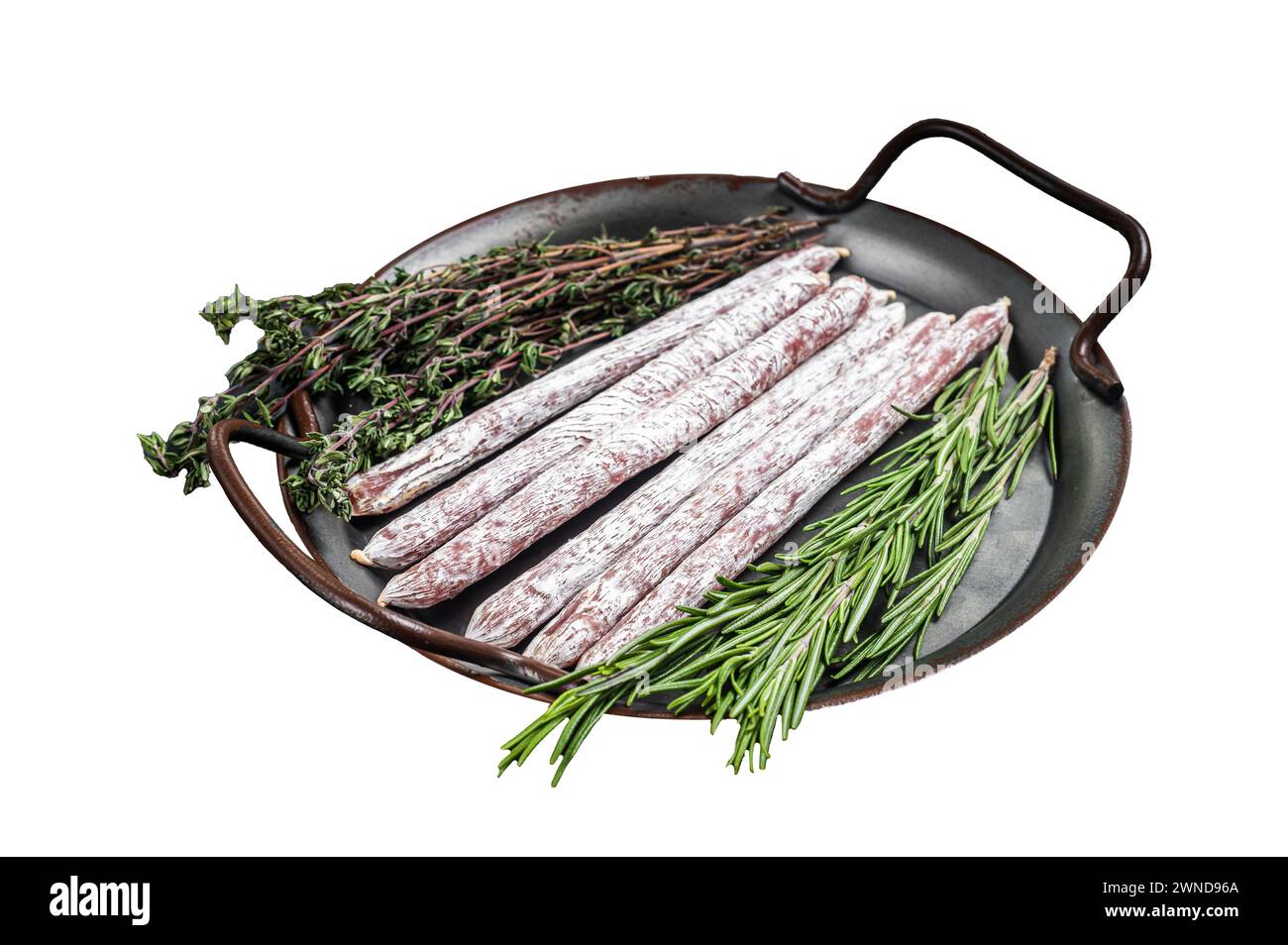 Spanish tapa mini fuet sausage with herbs. Isolated on white background ...