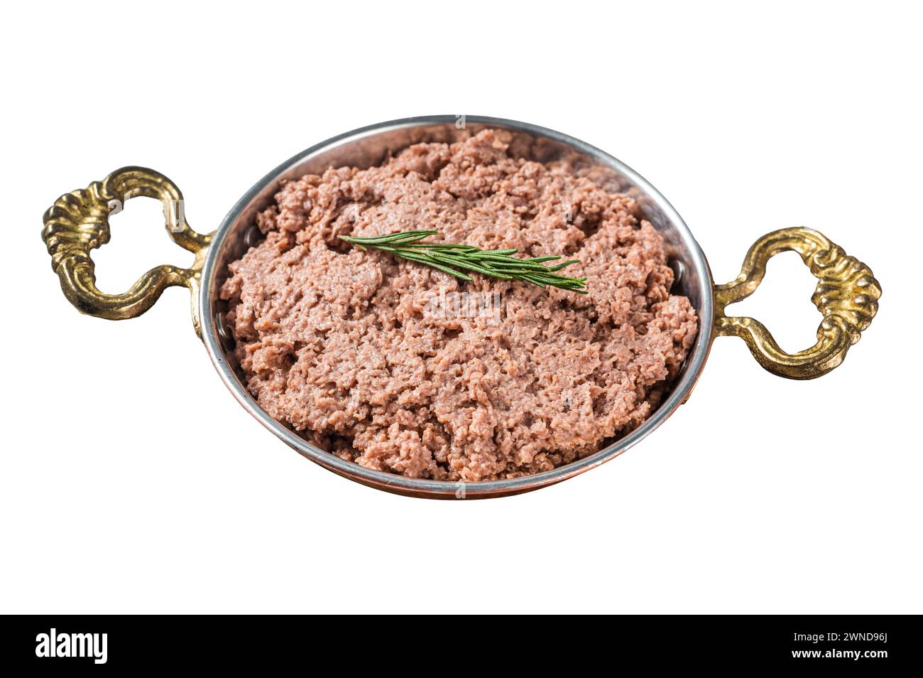 Uncooked vegan mince meat, raw plant based meat with thyme in skillet ...